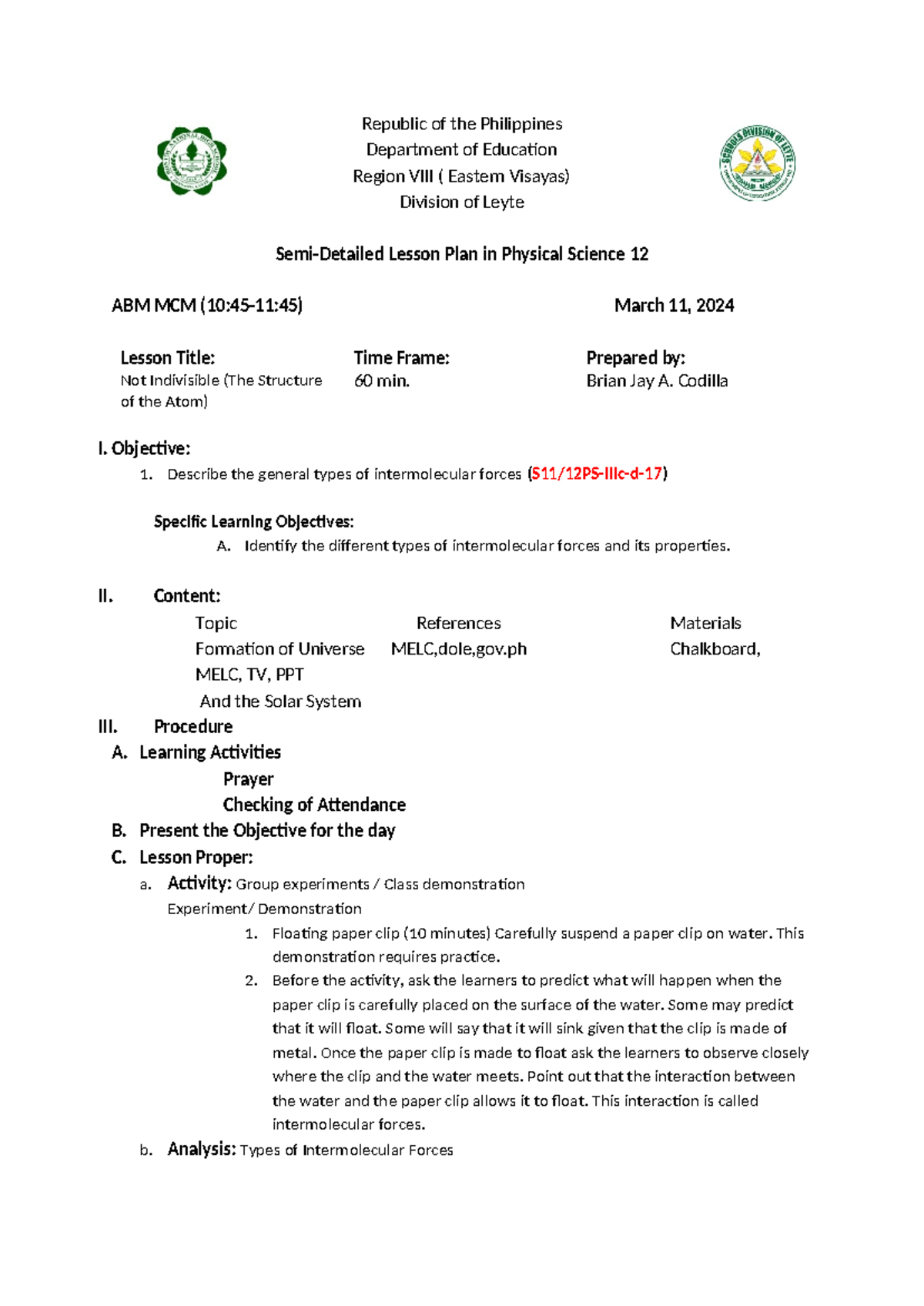 Physical Science 12 ABM Lesson Plan: Not Indivisible (Atom Structure ...