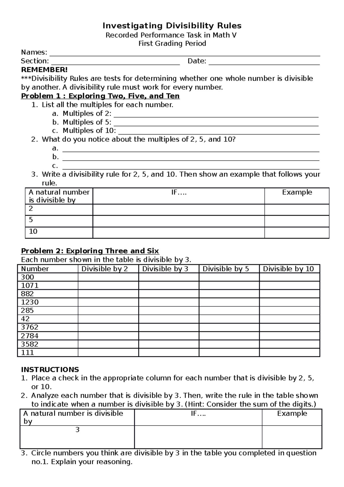 Investigating Divisibility Rules - Investigating Divisibility Rules Recorded Performance Task in ...