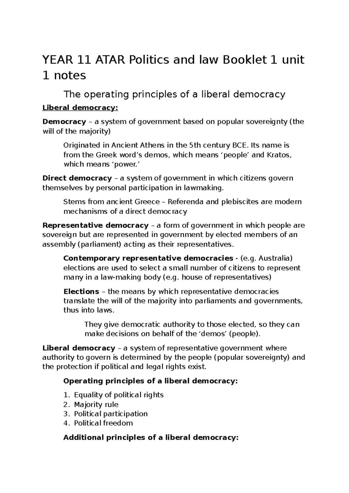 YEAR 11 ATAR Politics & Law: Liberal Democracy Principles Notes - Studocu