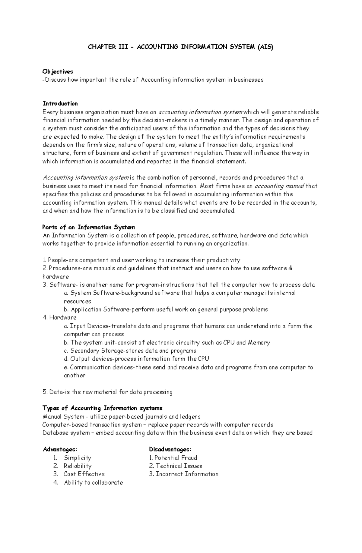 Chapter III: Accounting Information System (AIS) Overview and ...