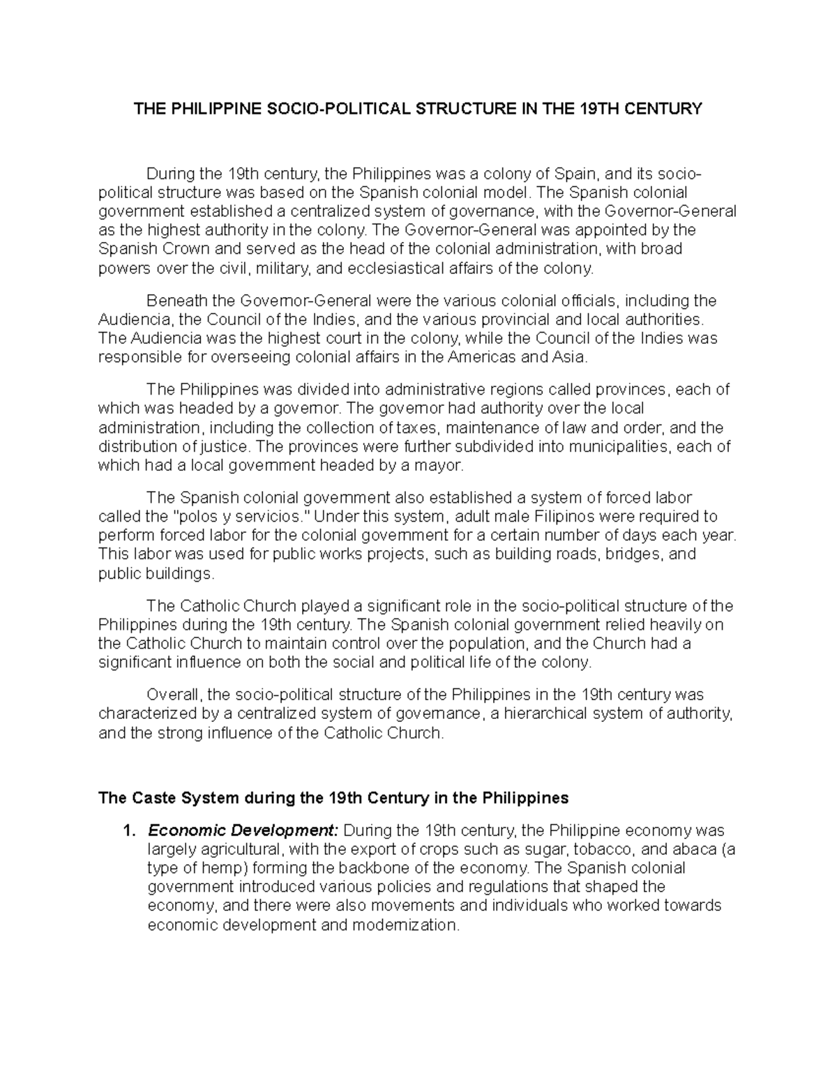 Philippine Socio-Political Structure in the 19th Century: A Study - Studocu