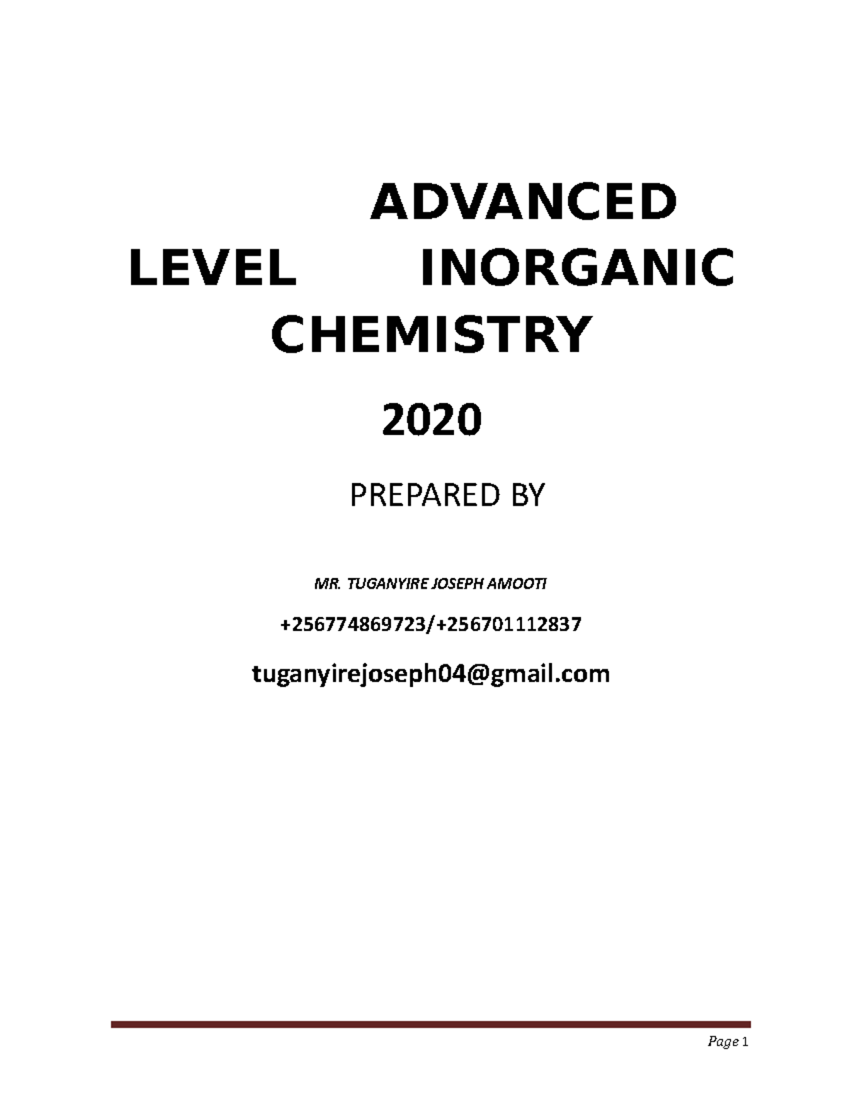 Inorganic Chemistry Lecture Notes (Advanced Level) - 2020 - Studocu