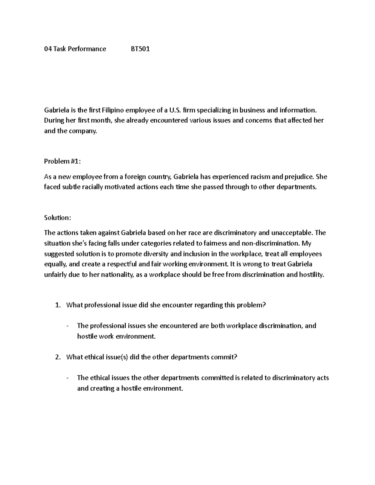 04 Task Performance BT501 - 04 Task Performance BT 501 Gabriela is the first Filipino employee ...