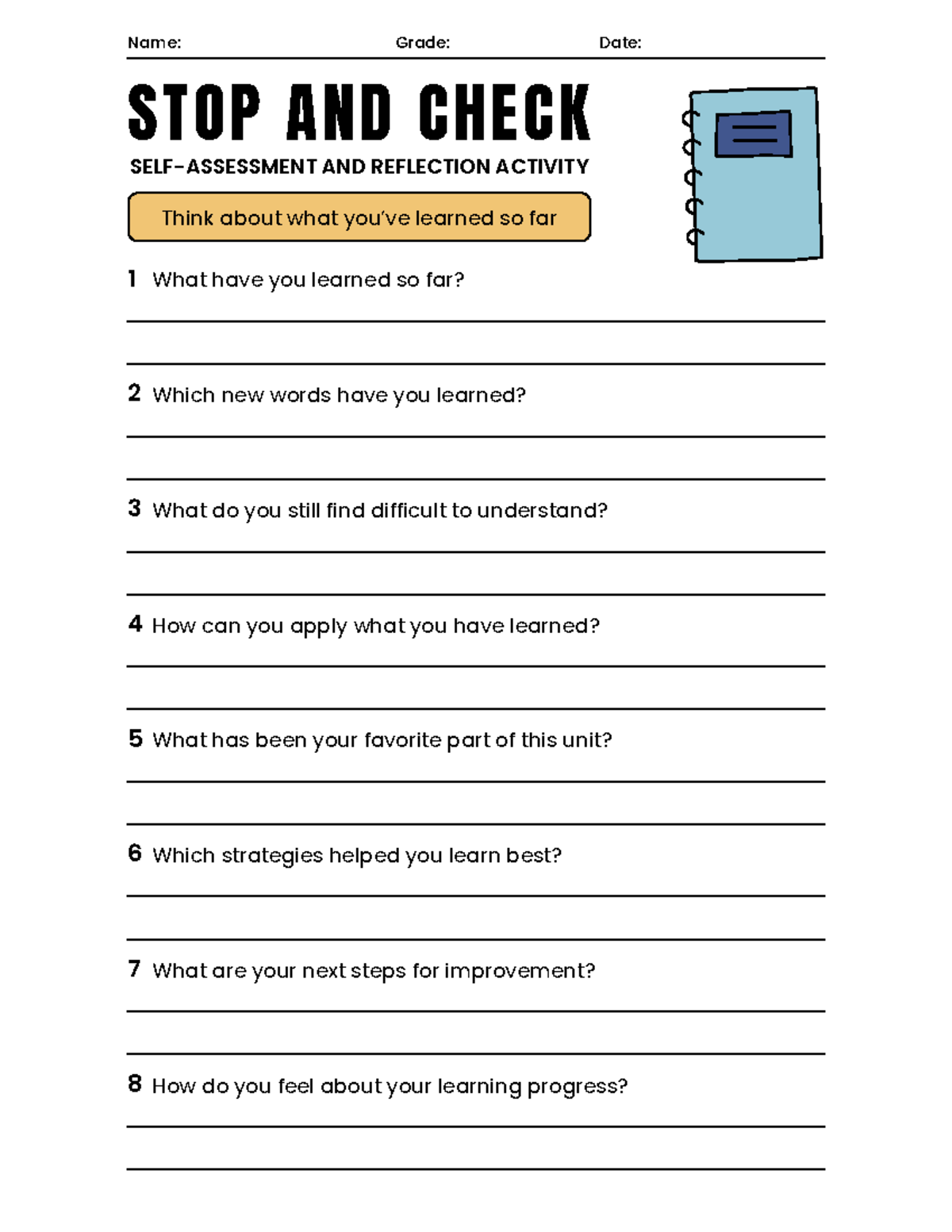 Self-assessment and Reflection Activity Worksheet In Colorful Simple ...