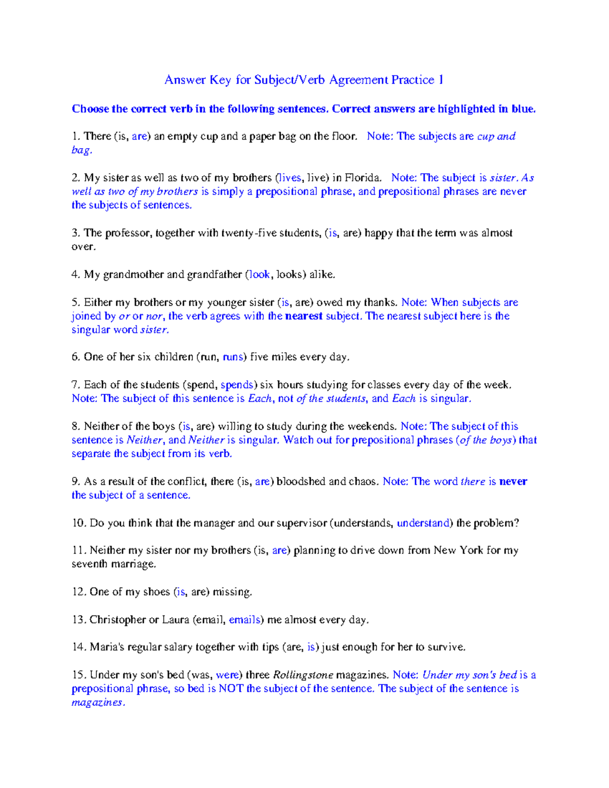 Answer Key for Agreement Practice 1: Verb Selection Guide - Studocu