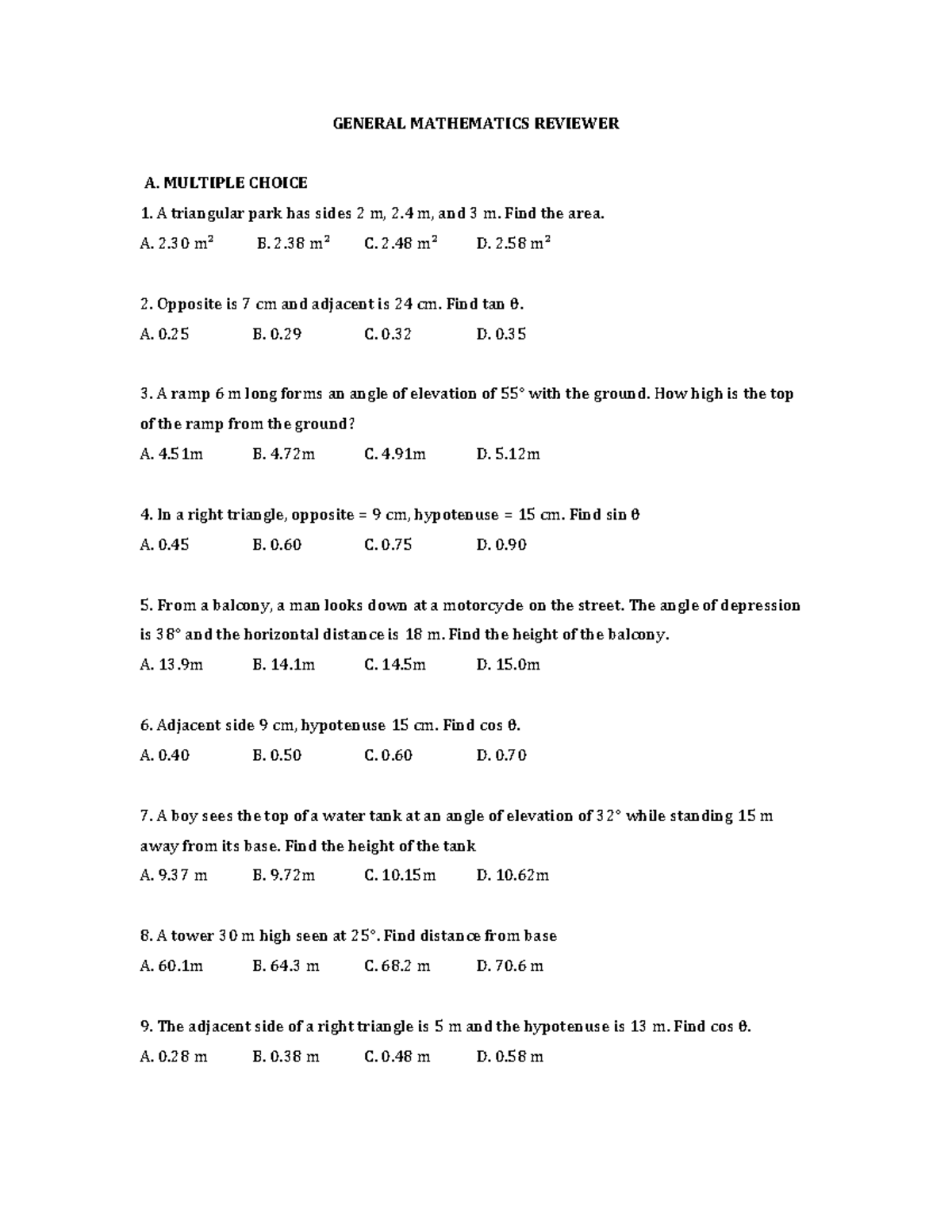 GENERAL MATHEMATICS REVIEWER: MULTIPLE CHOICE & PROBLEMS - Studocu