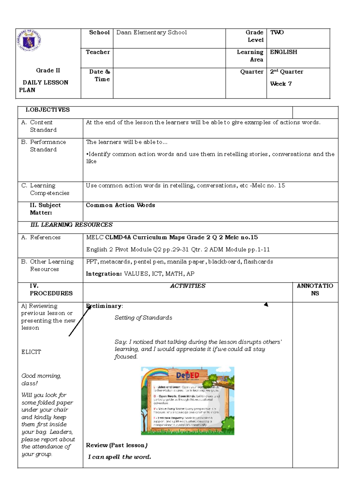 COT ENG 2 Q2 Wk7 - Daily Lesson Plan on Action Words - Studocu