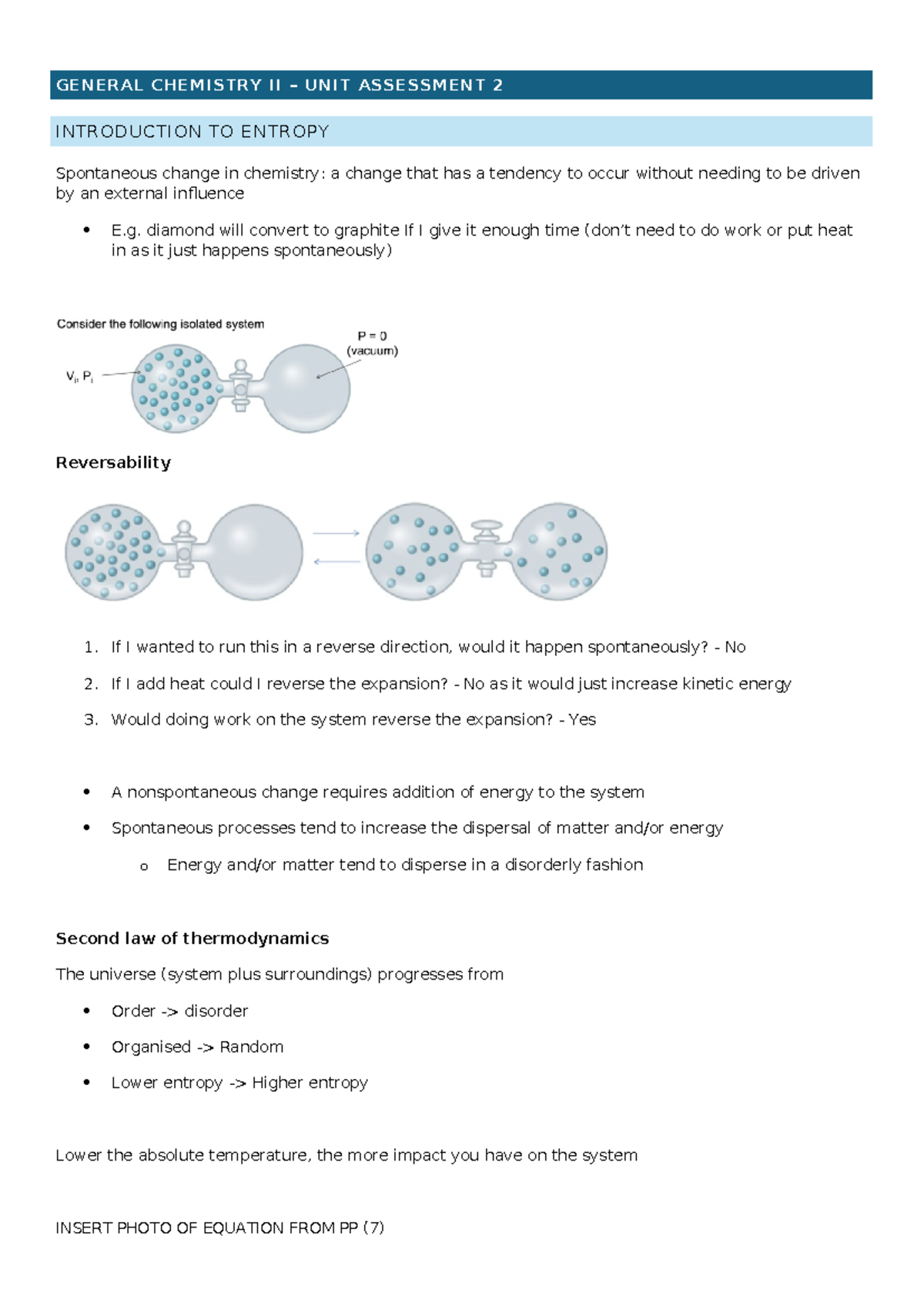 GENERAL CHEMISTRY II U2 ASSESSMENT: INTRODUCTION TO ENTROPY ...