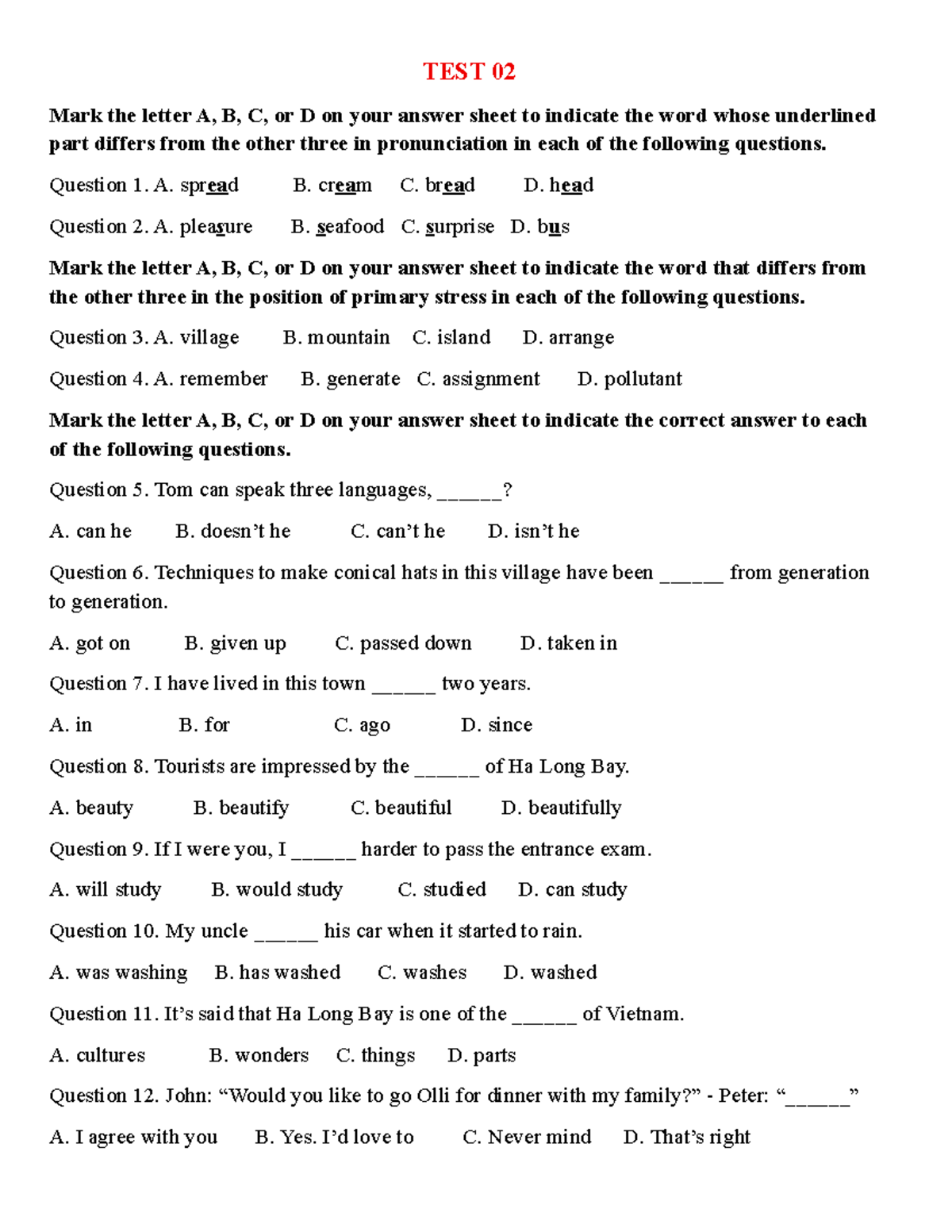 TEST 02 - Pronunciation and Comprehension Questions - Studocu