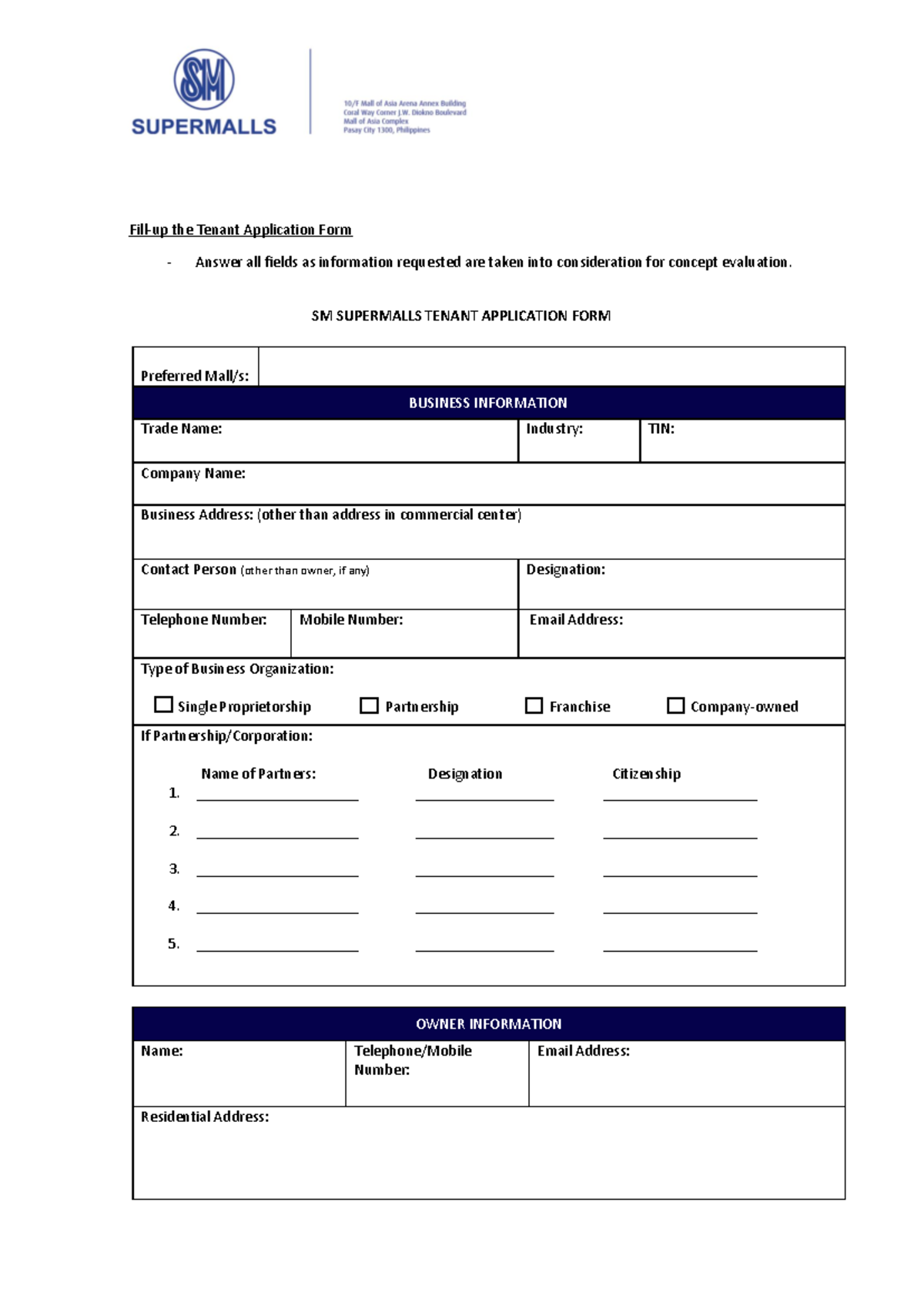 Tenant Application Form - SM Supermalls 008243982 - Studocu