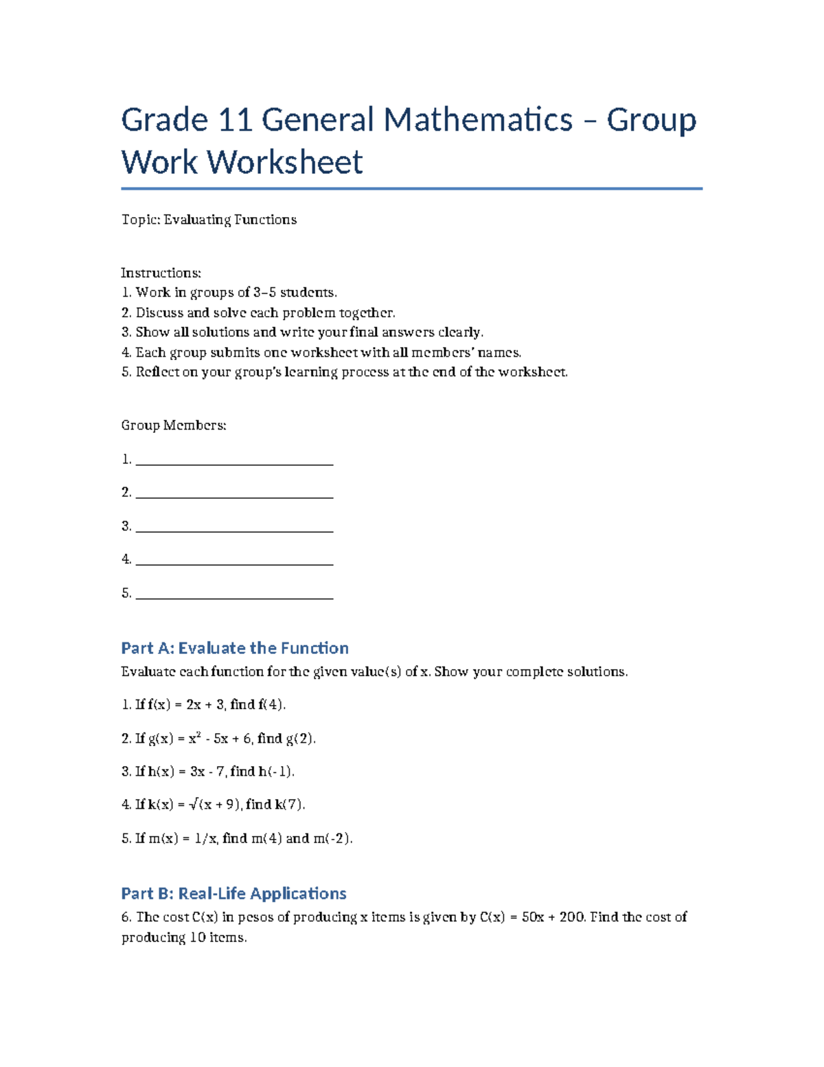 Grade 11 Math Group Work: Evaluating Functions Worksheet - Studocu
