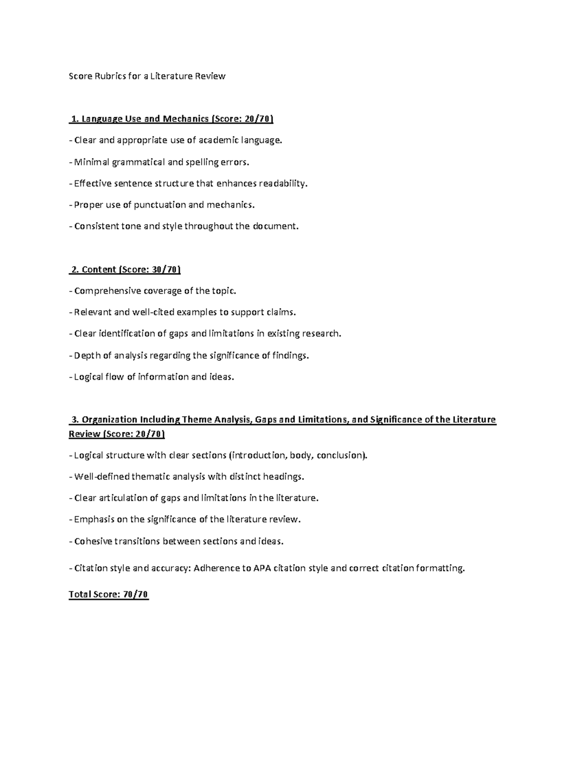 Score Rubrics for Literature Review Assessment (LIT101) - Studocu