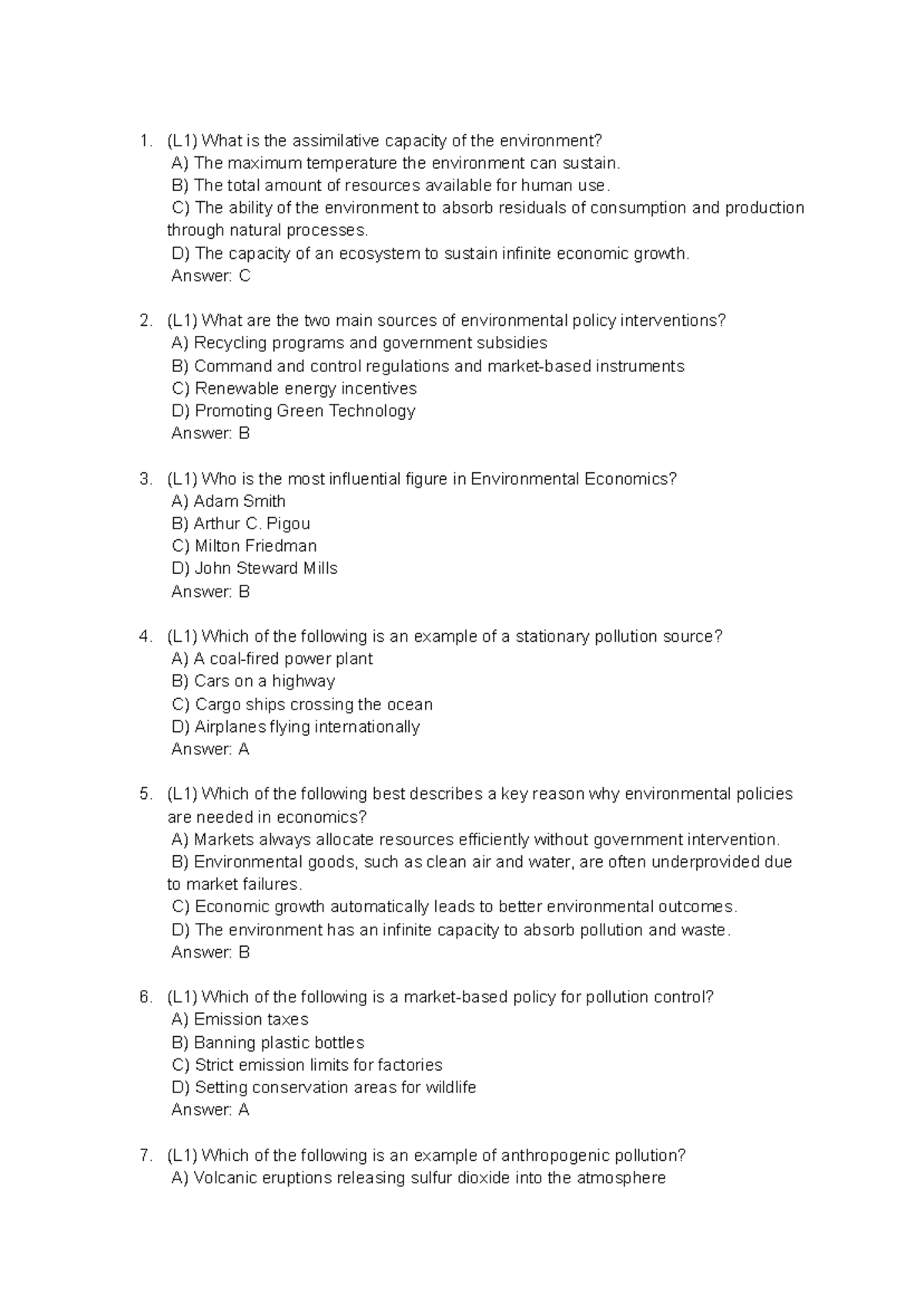 Environmental Econ MCQ Review: Key Concepts and Policies (L1) - Studocu