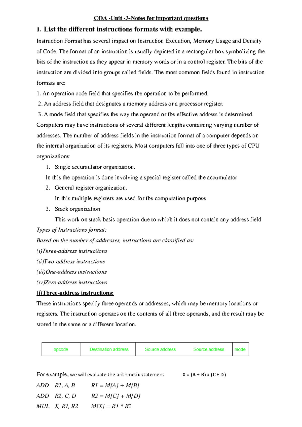 COA UNIT-III Important Questions on Instruction Formats and Execution ...