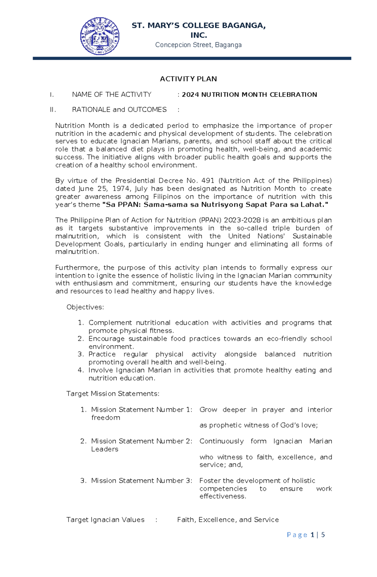 2024 Nutrition Month Celebration Activity Plan - St. Mary's College ...