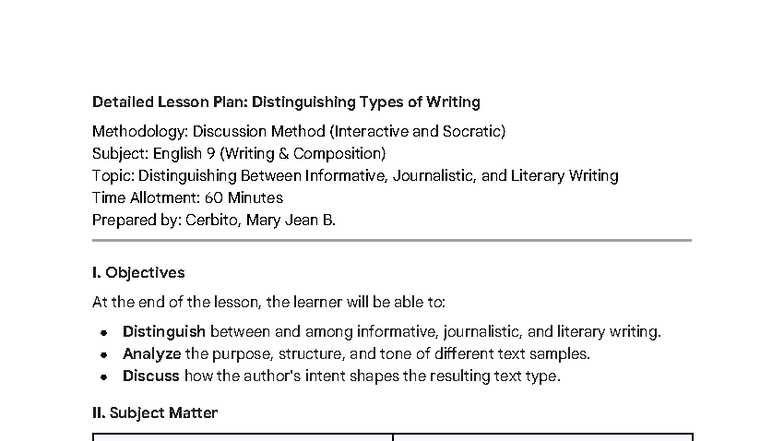English 9 Lesson Plan: Distinguishing Writing Types (Discussion Method ...