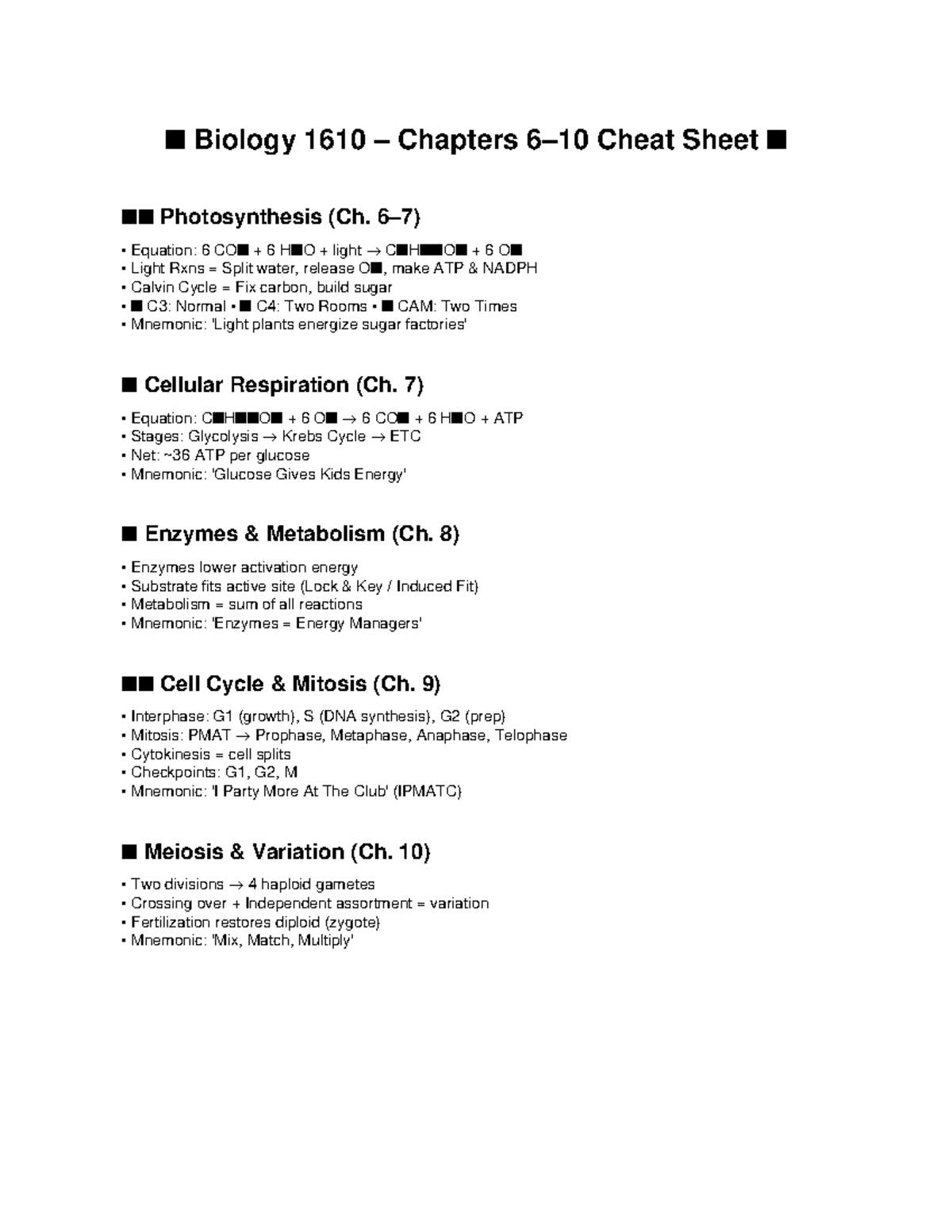 Biology 1610: Chapters 6-10 Cheat Sheet on Photosynthesis & Respiration ...