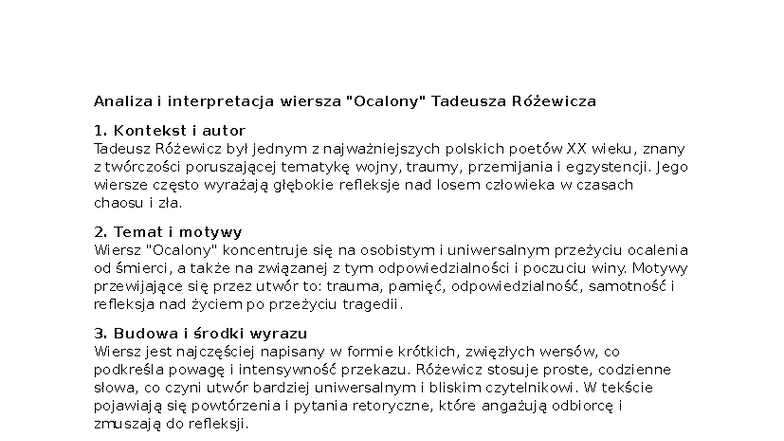 Analiza i interpretacja wiersza "Ocalony" Tadeusza Różewicza - Studocu