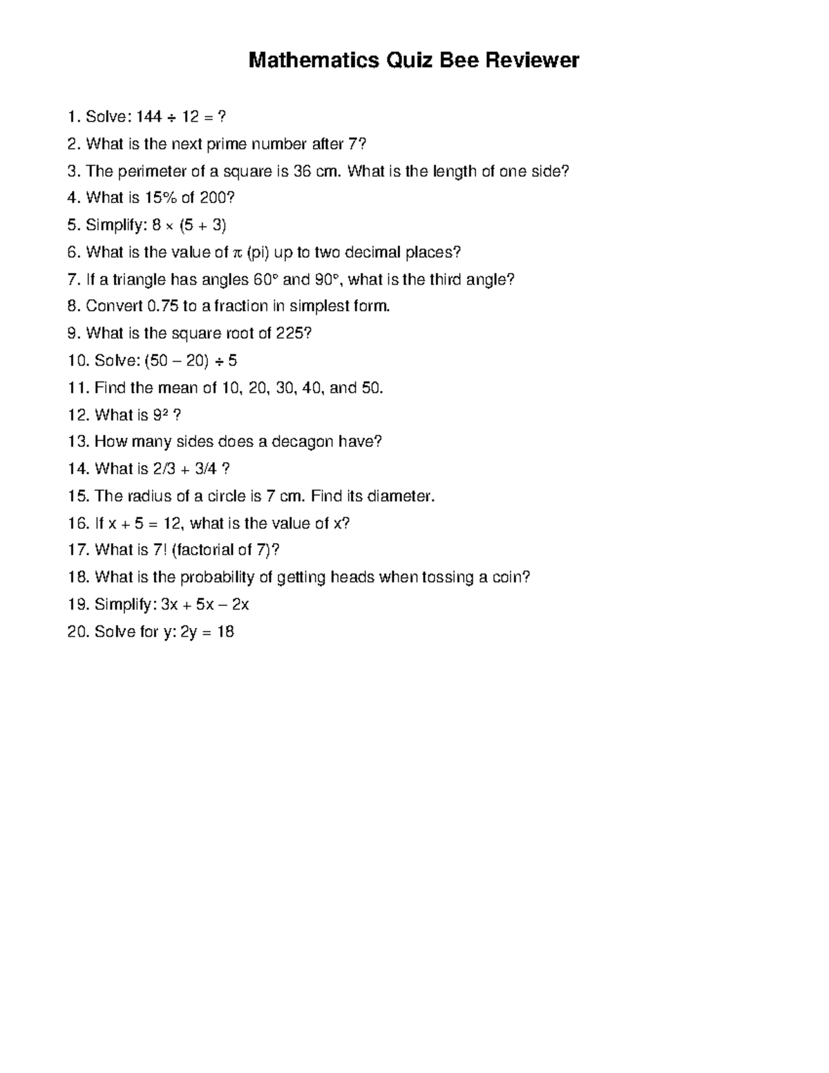 Math Quiz Bee Reviewer: Fundamental Math Questions (MATH101) - Studocu