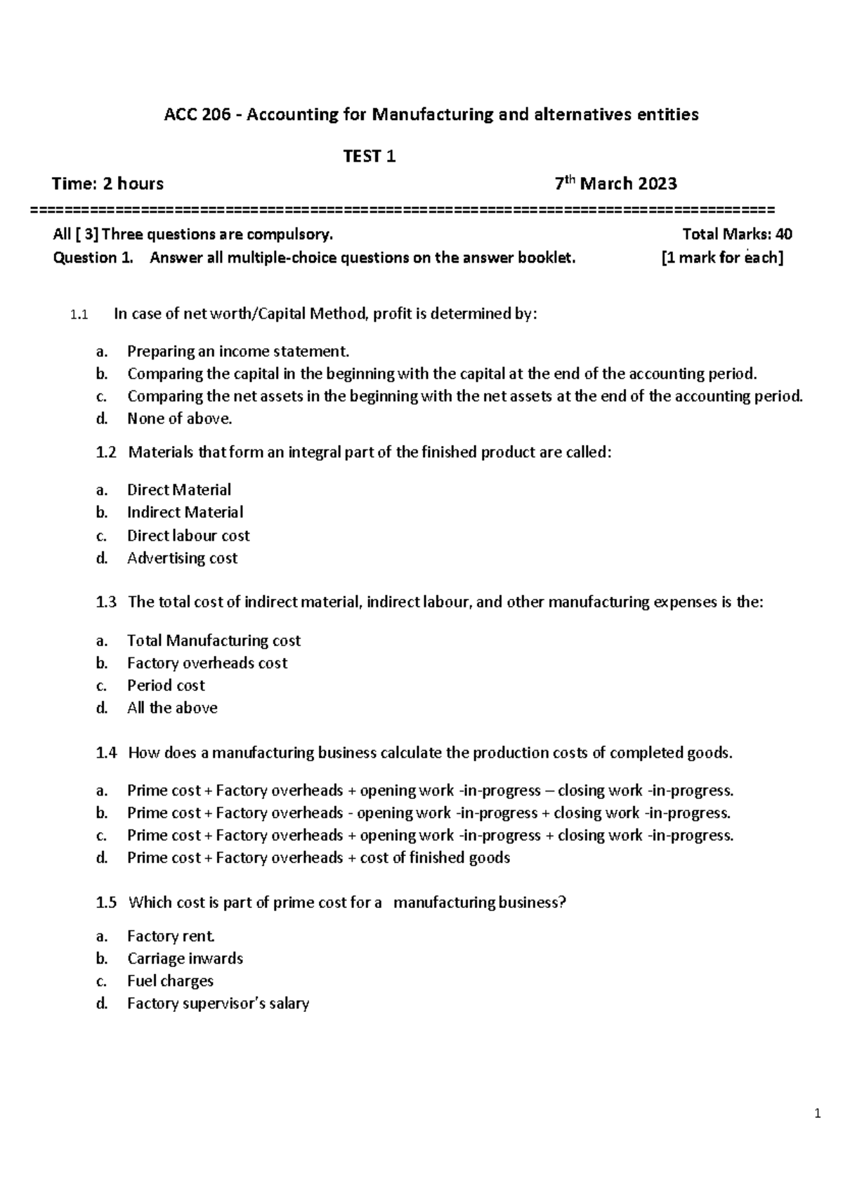 ACC 206 Test 1 Marking Key and Solutions - Final Exam 2023 - Studocu