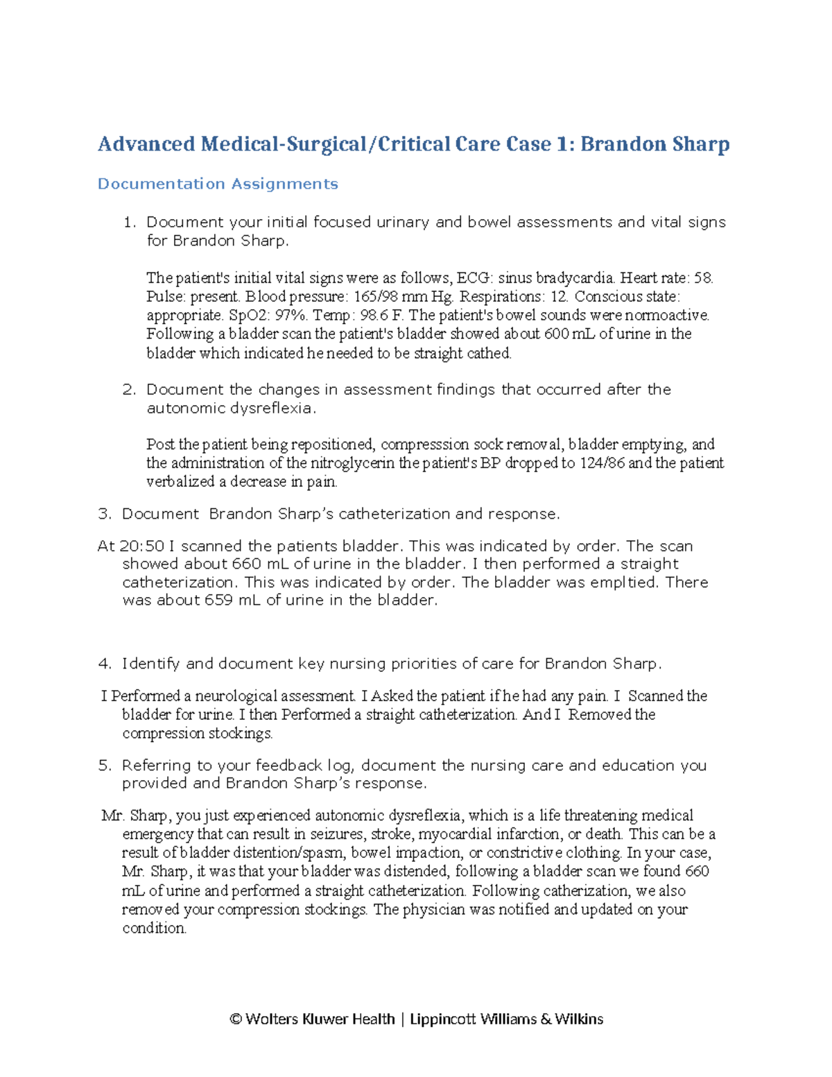 Advanced Med-Surg Case Study: Brandon Sharp Assessment & Care - Studocu