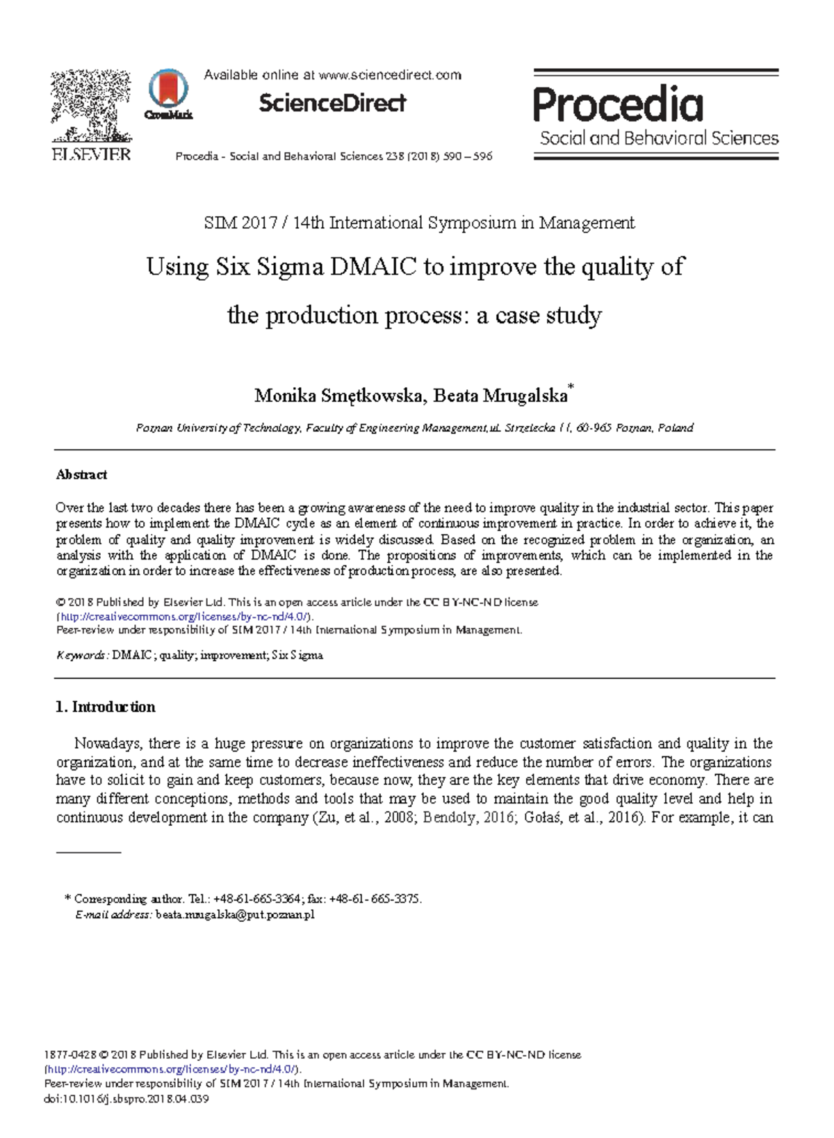 Process Improvement Using DMAIC: A Case Study in Six Sigma - Studocu