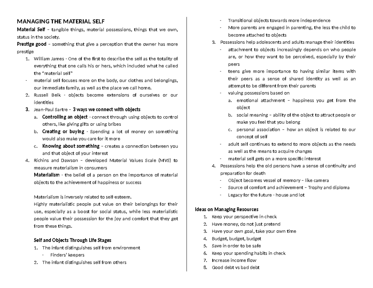 UTS Reviewer - MANAGING THE MATERIAL SELF Material Self – tangible ...