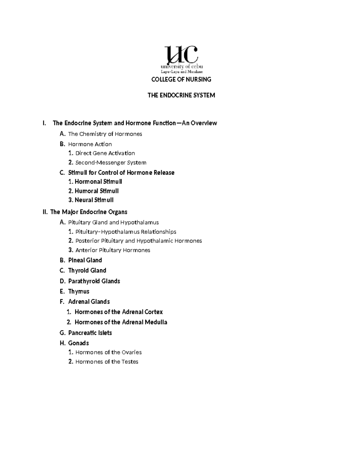The Endocrine System Outline - COLLEGE OF NURSING THE ENDOCRINE SYSTEM ...