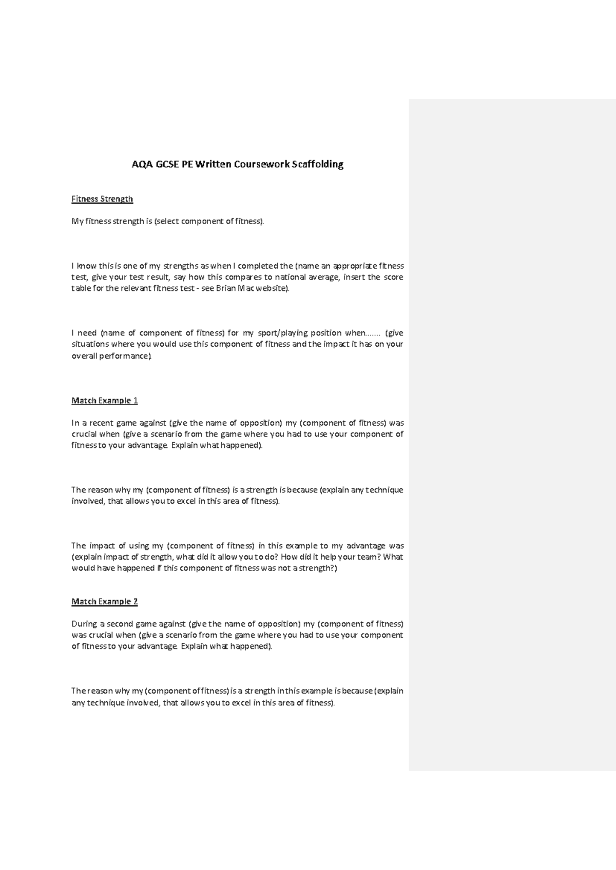 PE AQA Coursework Scaffolding for Year 10 Fitness Evaluation - Studocu