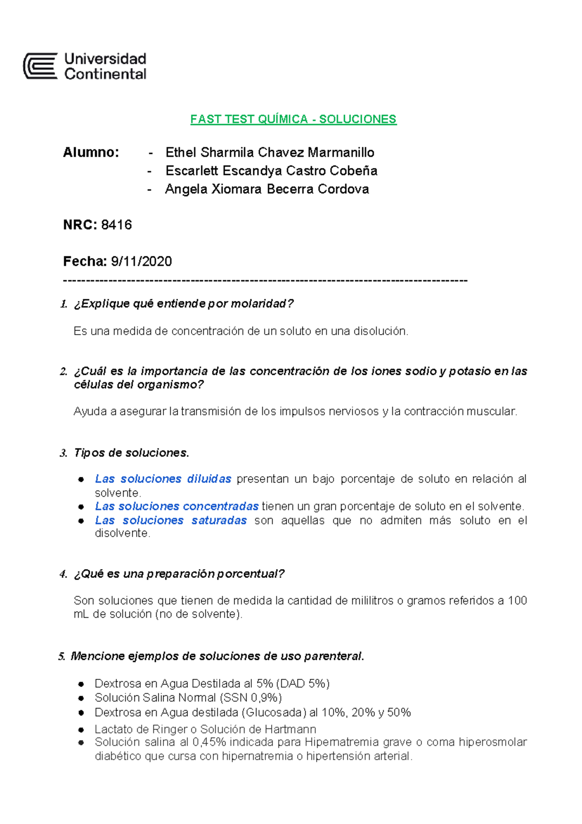 FAST TEST QUÍMICA SOLUCIONES - Molaridad y Tipos de Soluciones - Studocu