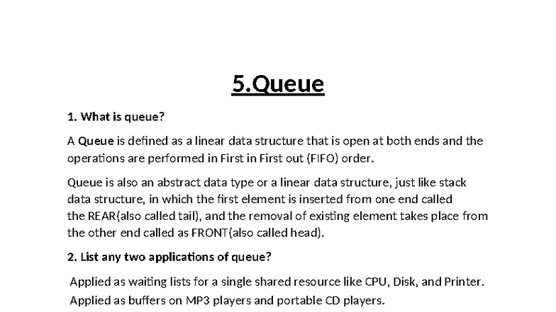 Queue 1: Basics of Queue Data Structure and Its Applications - Studocu