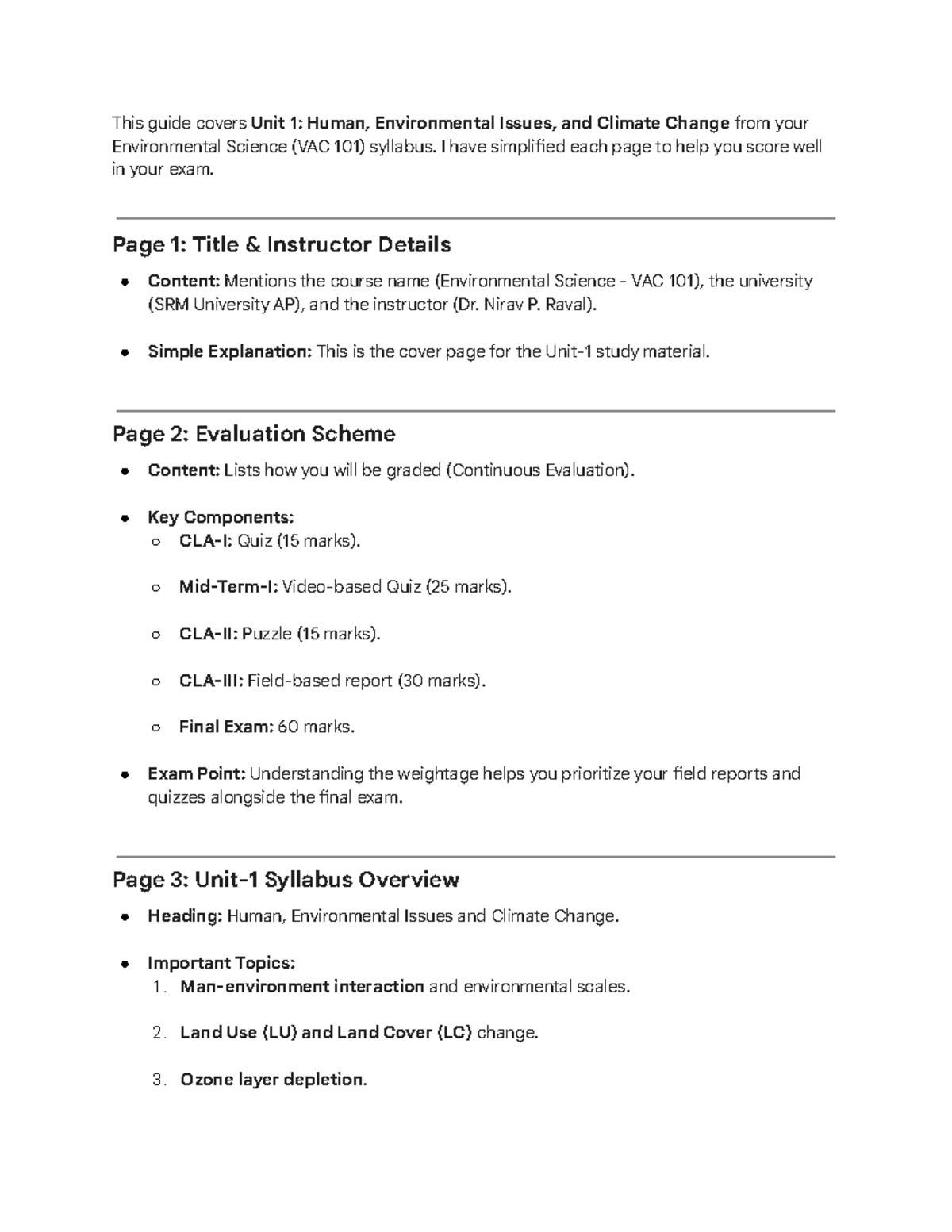 Environmental Science (VAC 101) Unit 1 Exam Prep Guide - Studocu