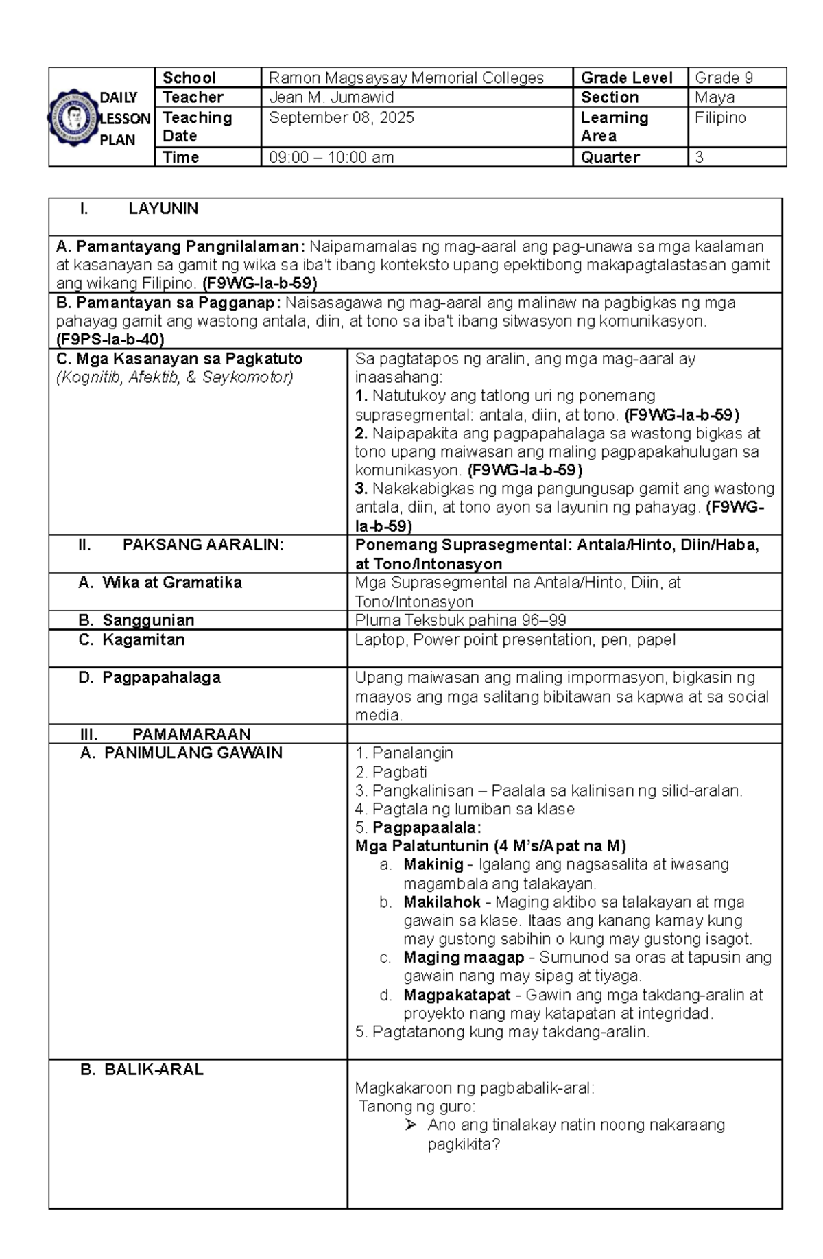 Grade 9 Filipino Lesson Plan: Ponemang Suprasegmental (Q3) - Studocu