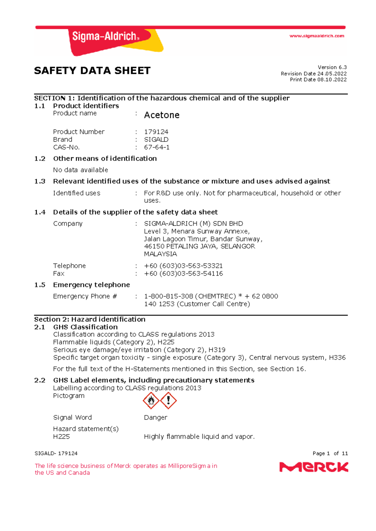 179124 - Safety Data Sheet for Acetone: Hazard and Handling Guidelines ...