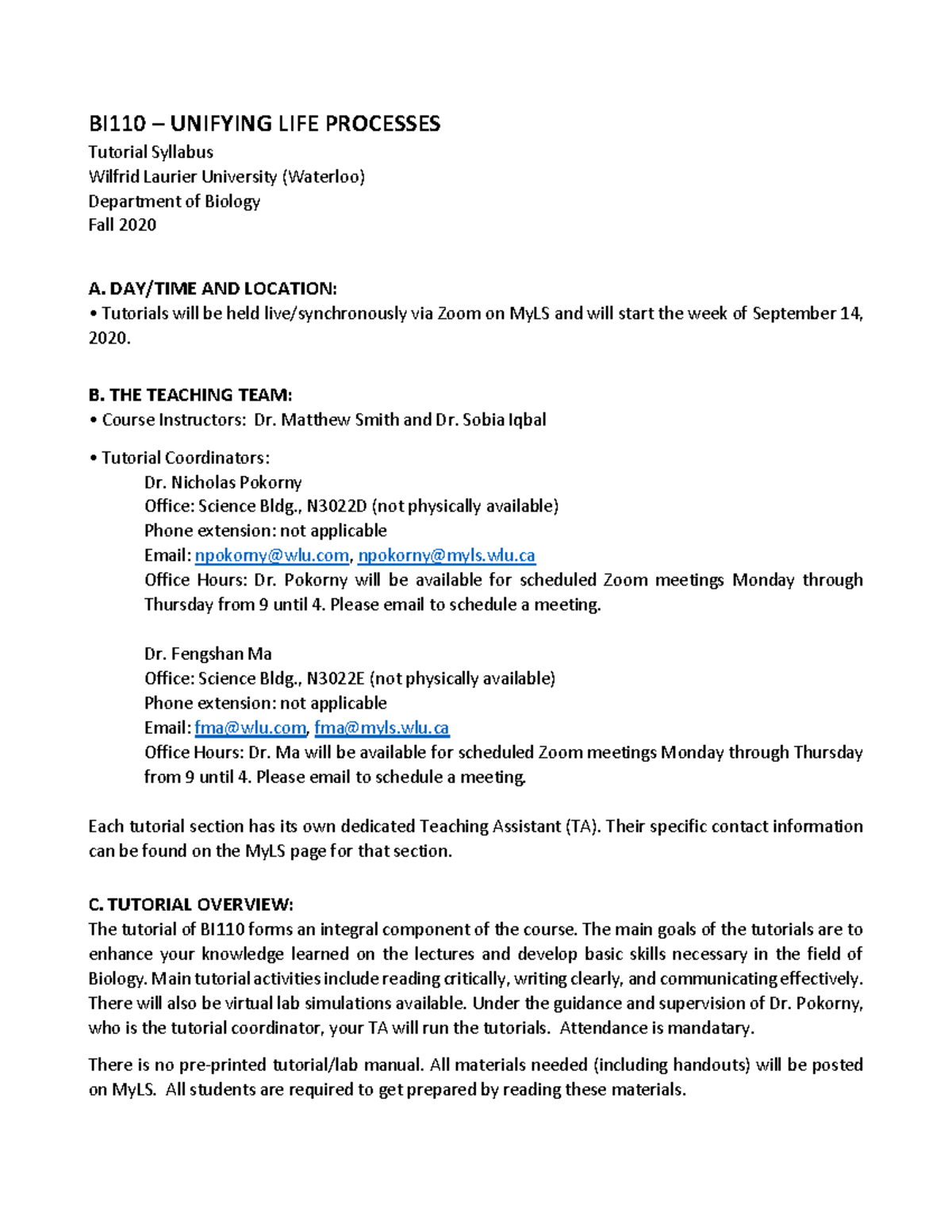 BI110 F2020 - Tutorial Syllabus - BI110 – UNIFYING LIFE PROCESSES ...