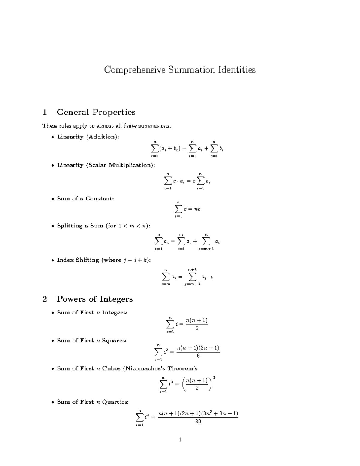 Comprehensive Summation Identities for Math 101: Semester 1 - Studocu