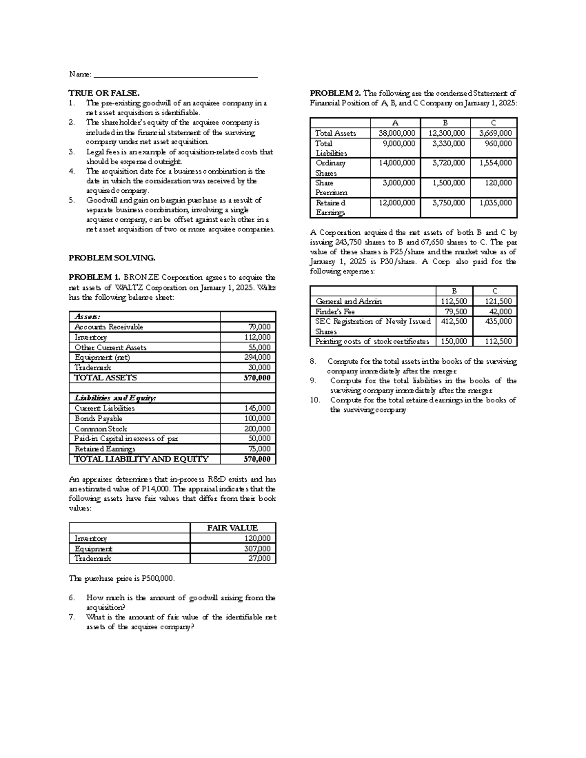 Buscom-SW: True or False & Problem Solving on Net Asset Acquisitions - Studocu