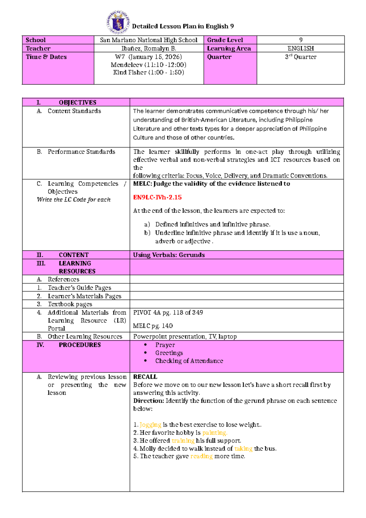 Detailed Lesson Plan on Infinitives for English 9 (W7) - Studocu