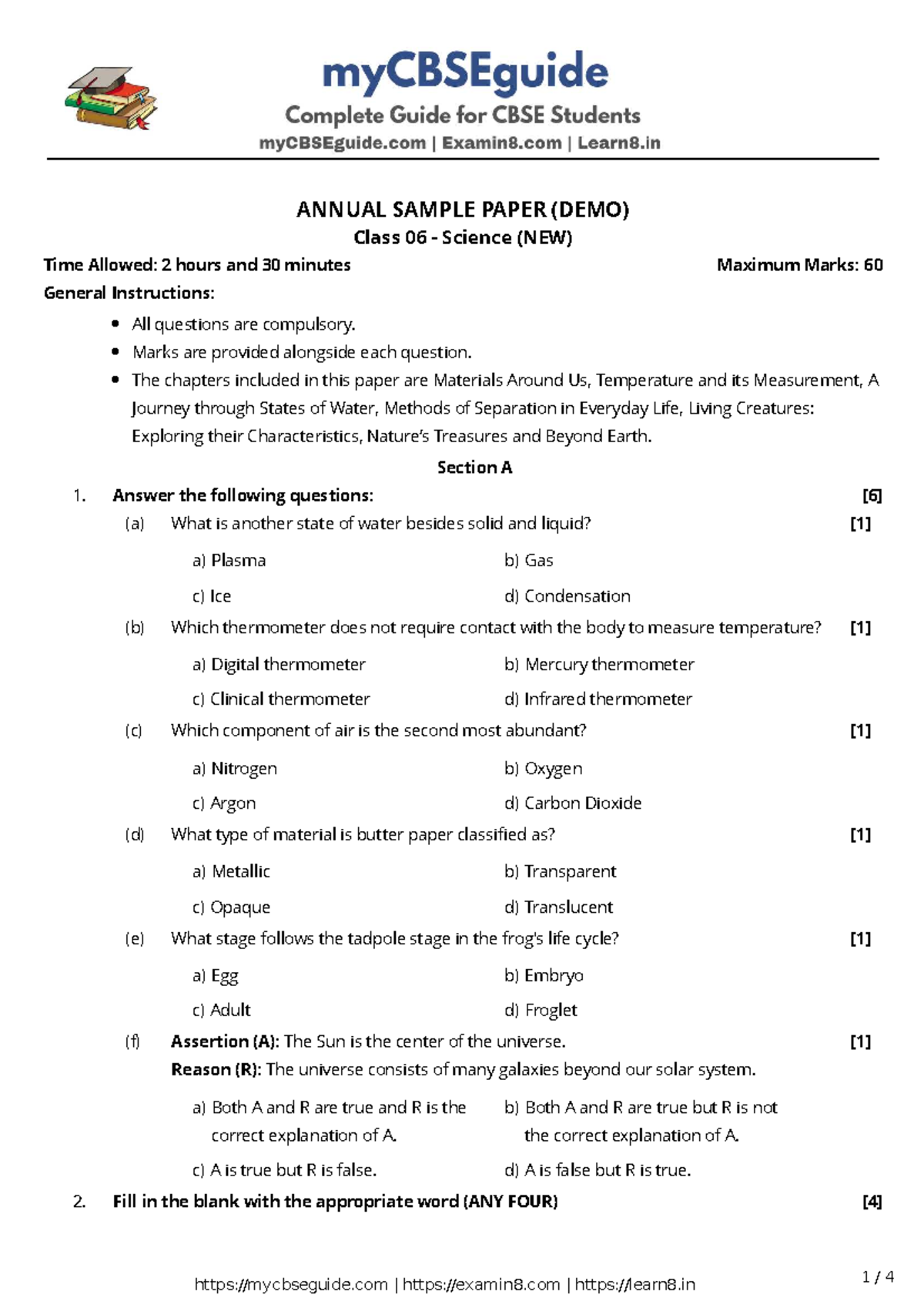 Class 06 Science Annual Sample Paper (NEW) - 2.5 Hours, 60 Marks - Studocu