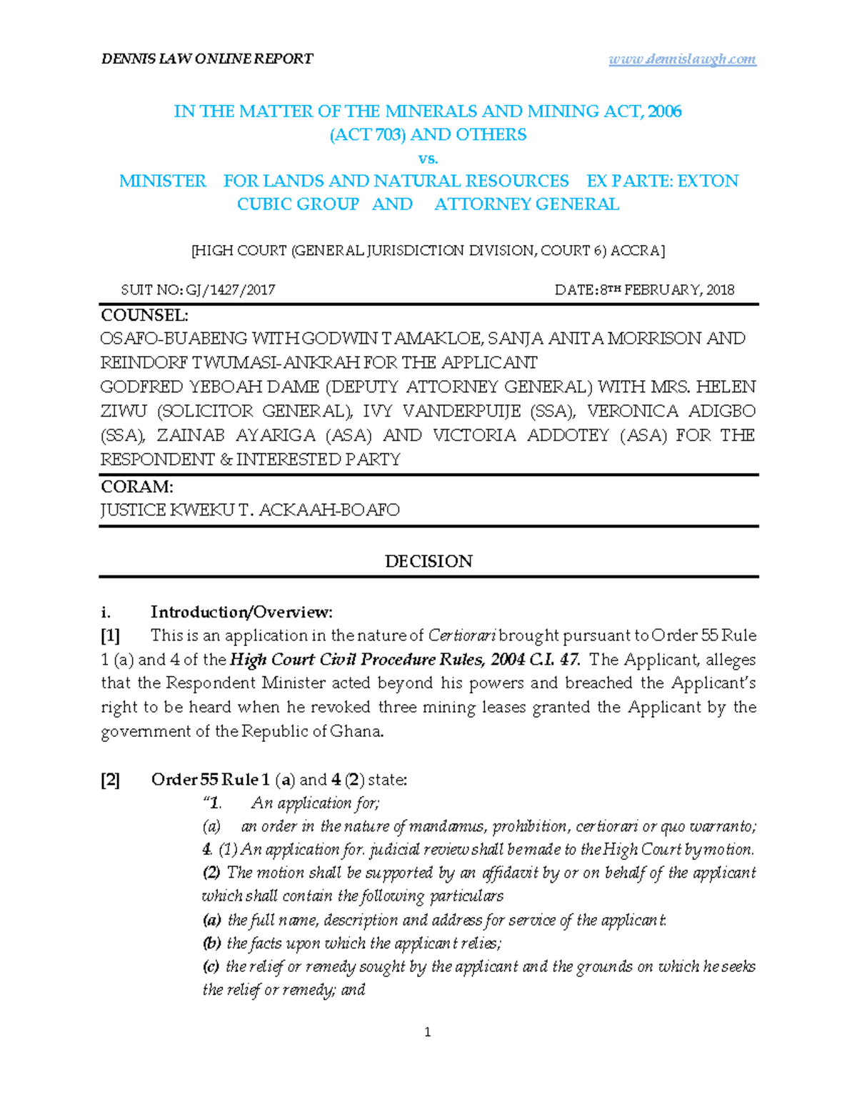 DENNIS LAW ONLINE REPORT: Judicial Review of Mining Lease Revocation ...