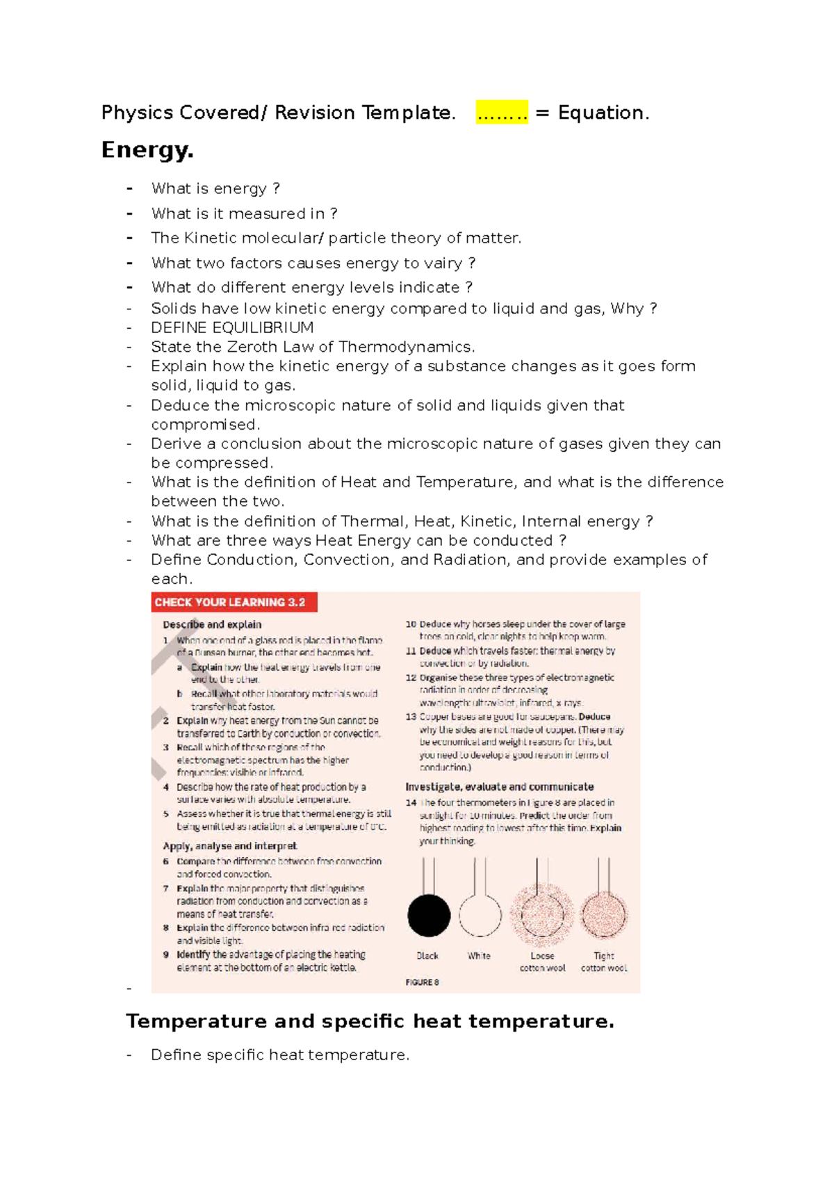 Physics Covered, Revison Template - ........ = Equation. Energy. What ...