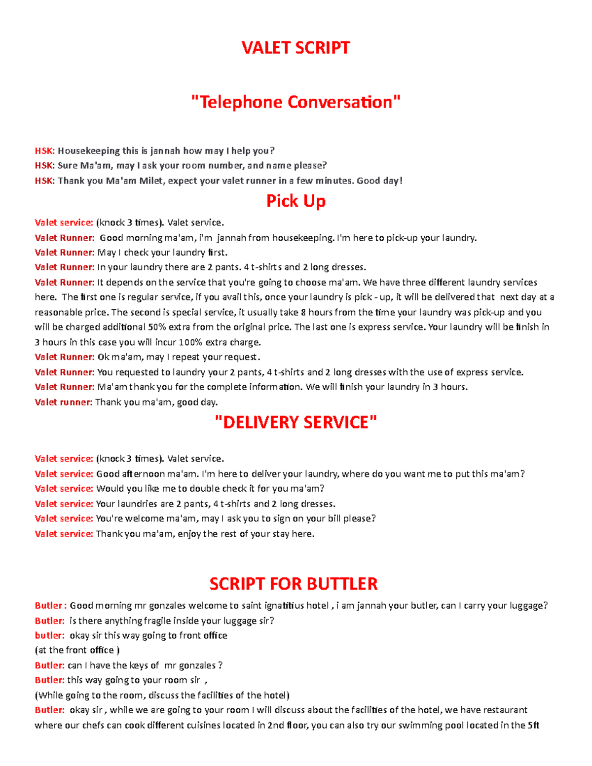 Housekeeping Script - Asdfgh - VALET SCRIPT "Telephone Conversation ...
