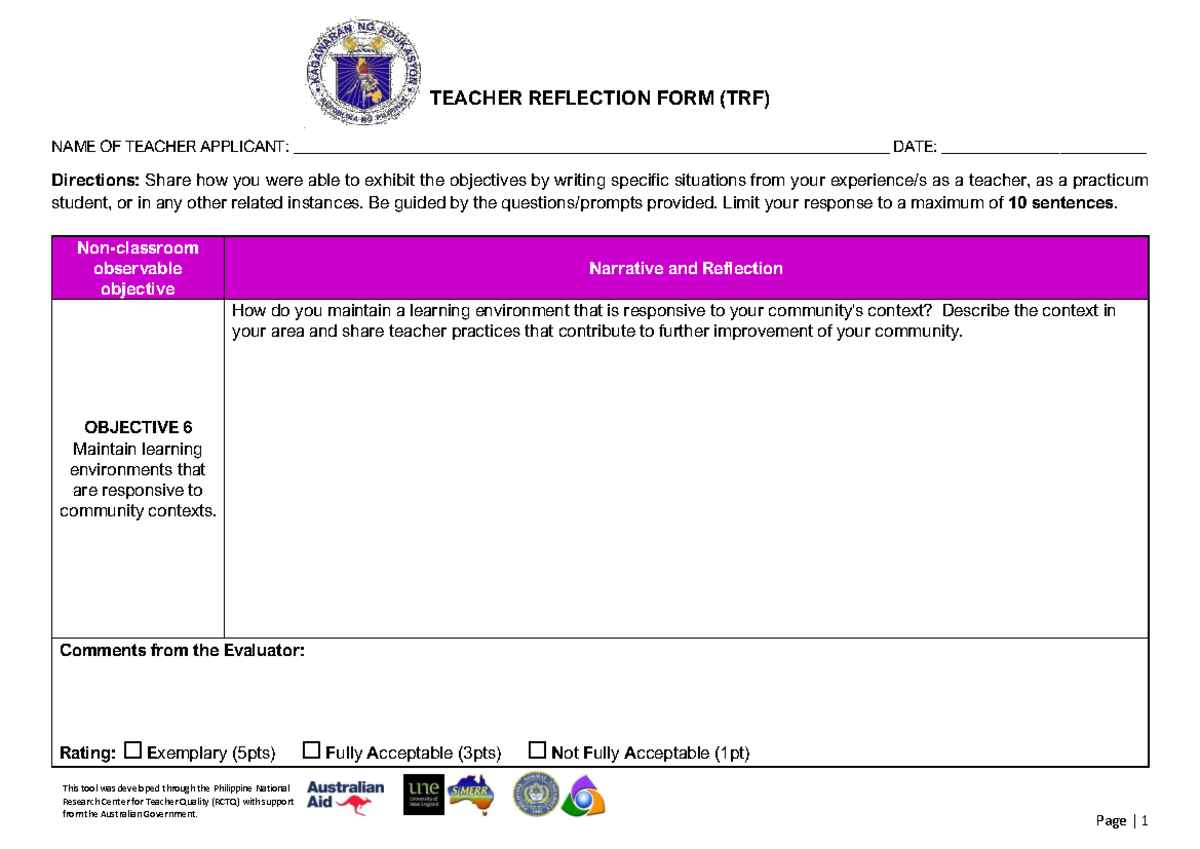 TRF: Teacher Reflection Form for Evaluating Educator Practices - Studocu