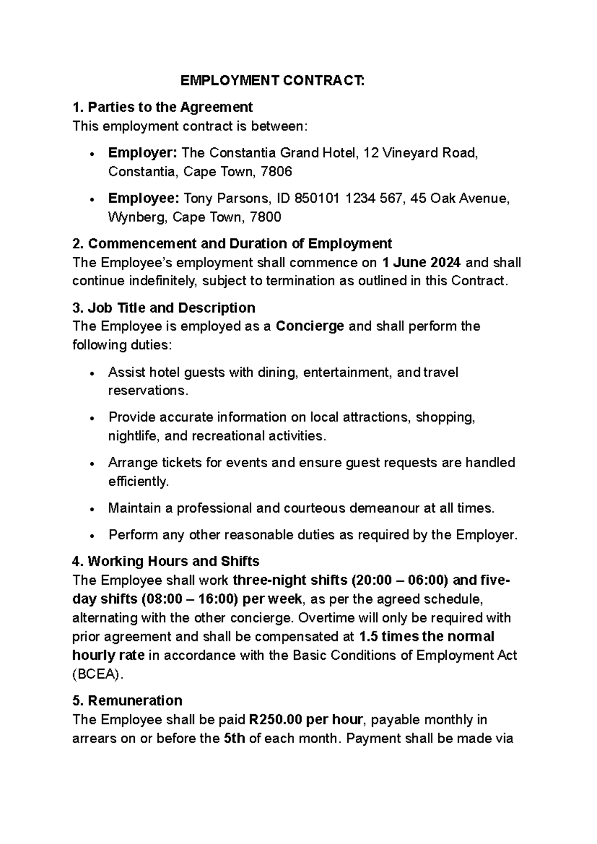 Employment Contract - Ice Task 2 - EMPLOYMENT CONTRACT: Parties to the ...