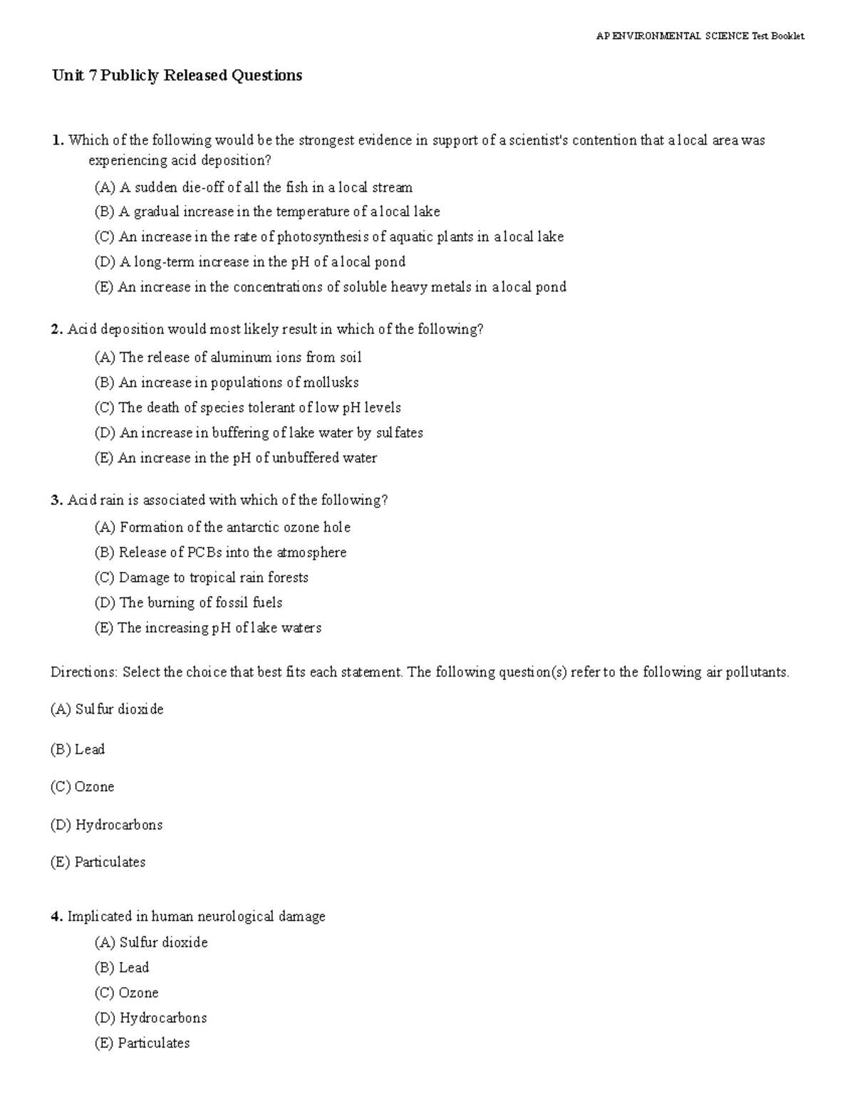 AP ENVIRONMENTAL SCIENCE Unit 7 Practice MCQs on Acid Deposition - Studocu