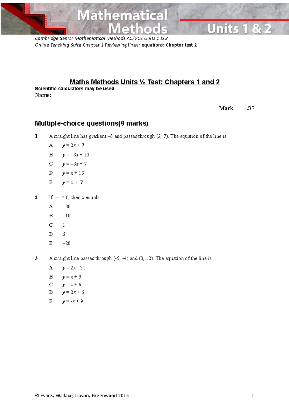 Maths Methods Units ½ Test on Chapters 1 and 2 with Qs and Answers ...