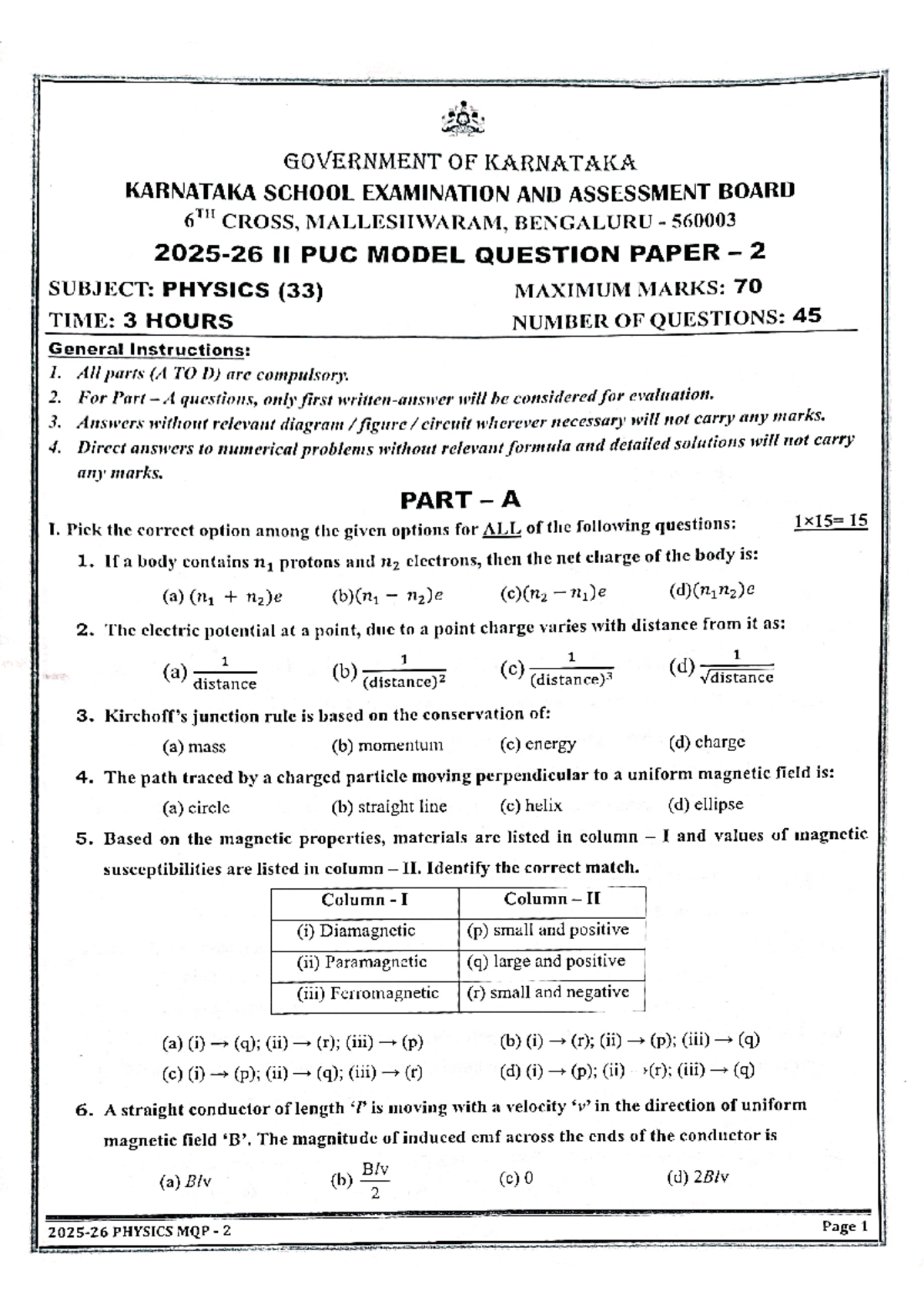 II PUC Physics Model Question Paper 2 Solved (2025-26) - Studocu