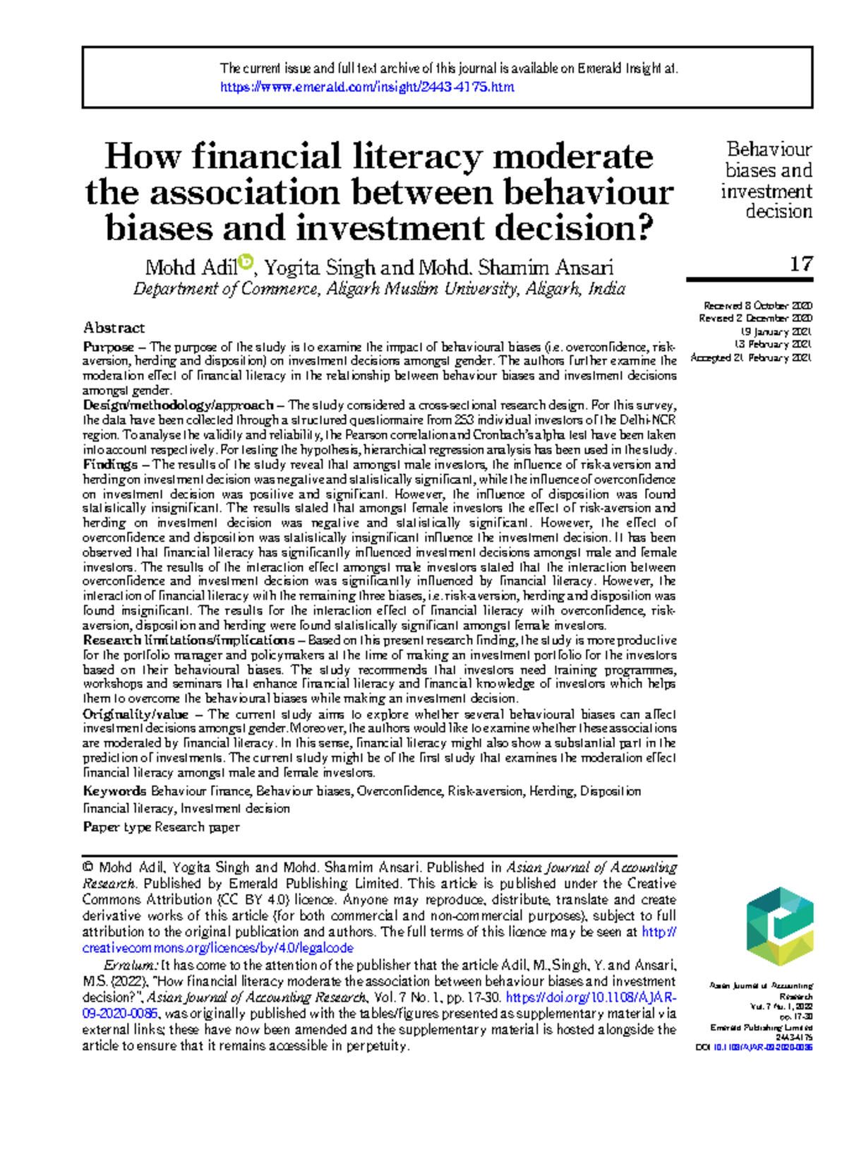 Financial Literacy as a Moderator of Behavioral Biases in Investment ...