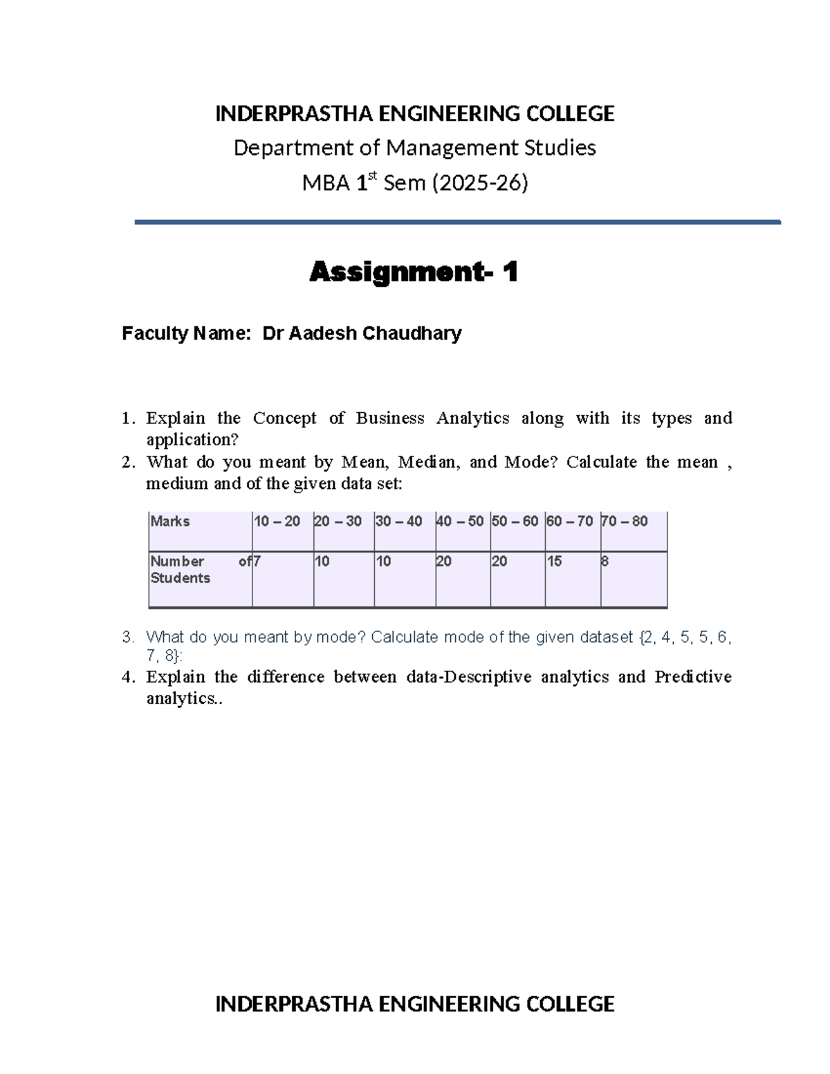 MBA 1st Sem Assignment: Business Analytics & Time Series Analysis - Studocu