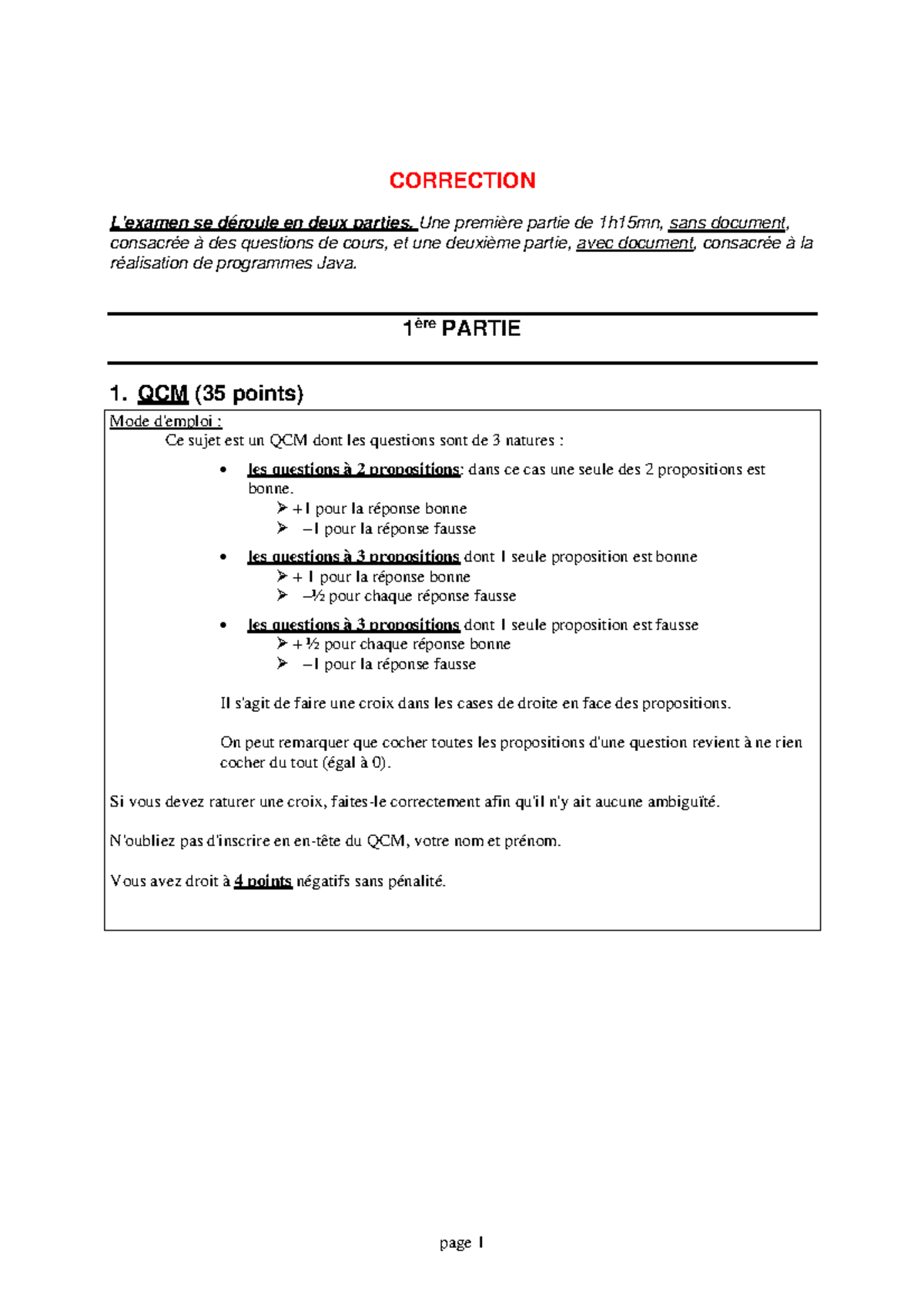 Correction QCM-Java - Examen de Programmation Orientée Objet - Studocu